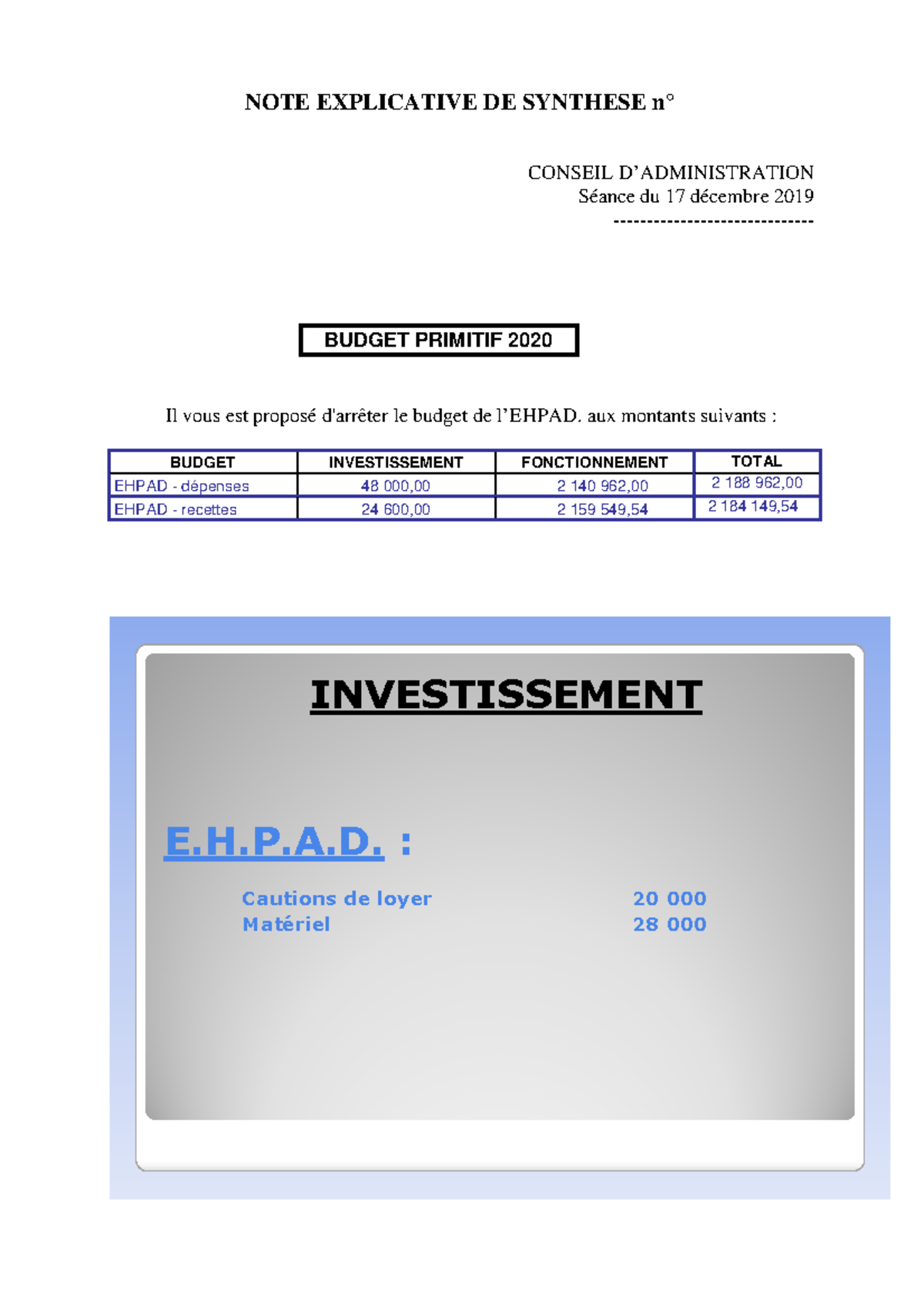 Note budget primitif 2020 ehpad - NOTE EXPLICATIVE DE SYNTHESE n ...
