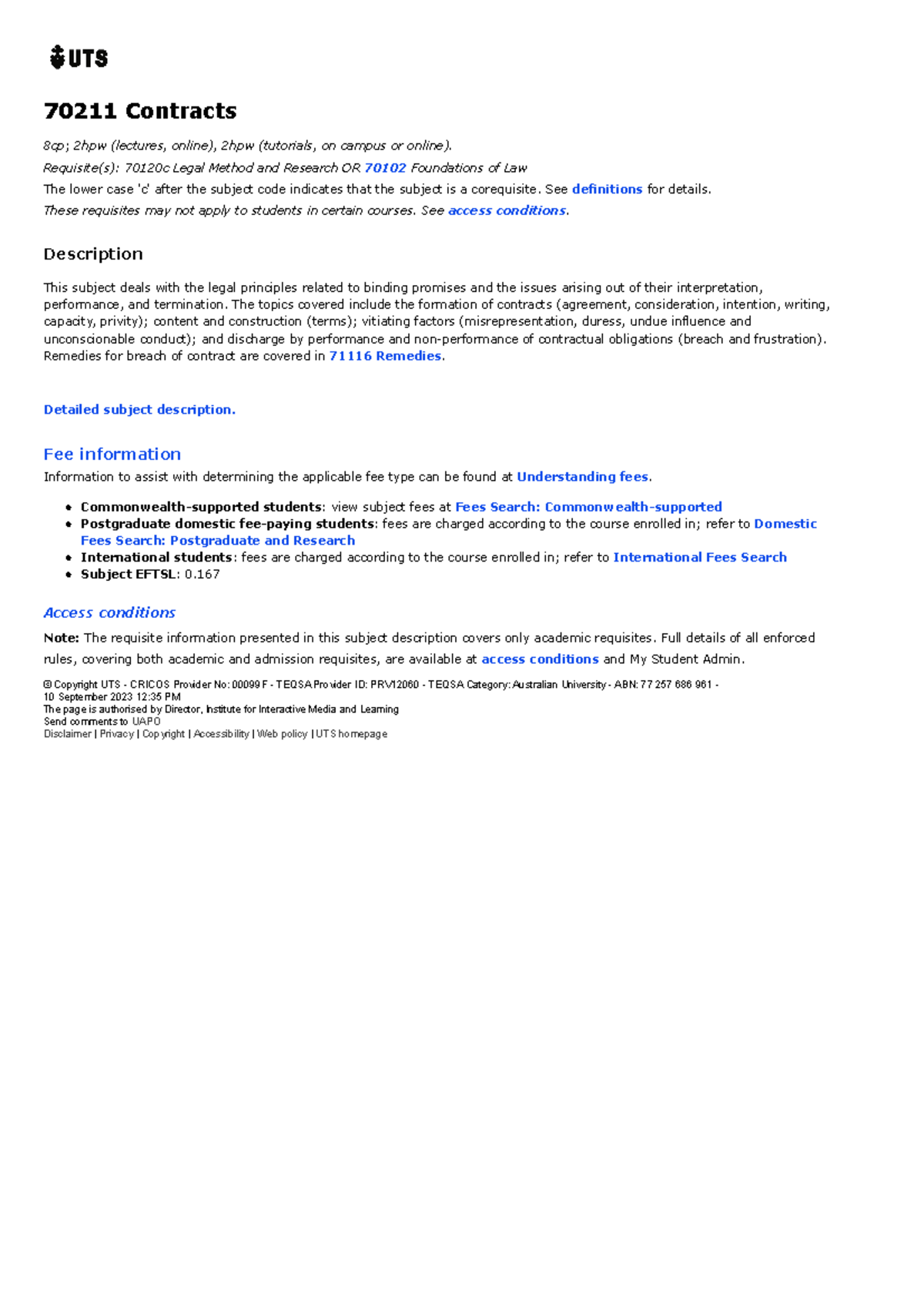 UTS 70211 Contracts - Law, UTS Handbook - 70211 Contracts 8cp; 2hpw ...