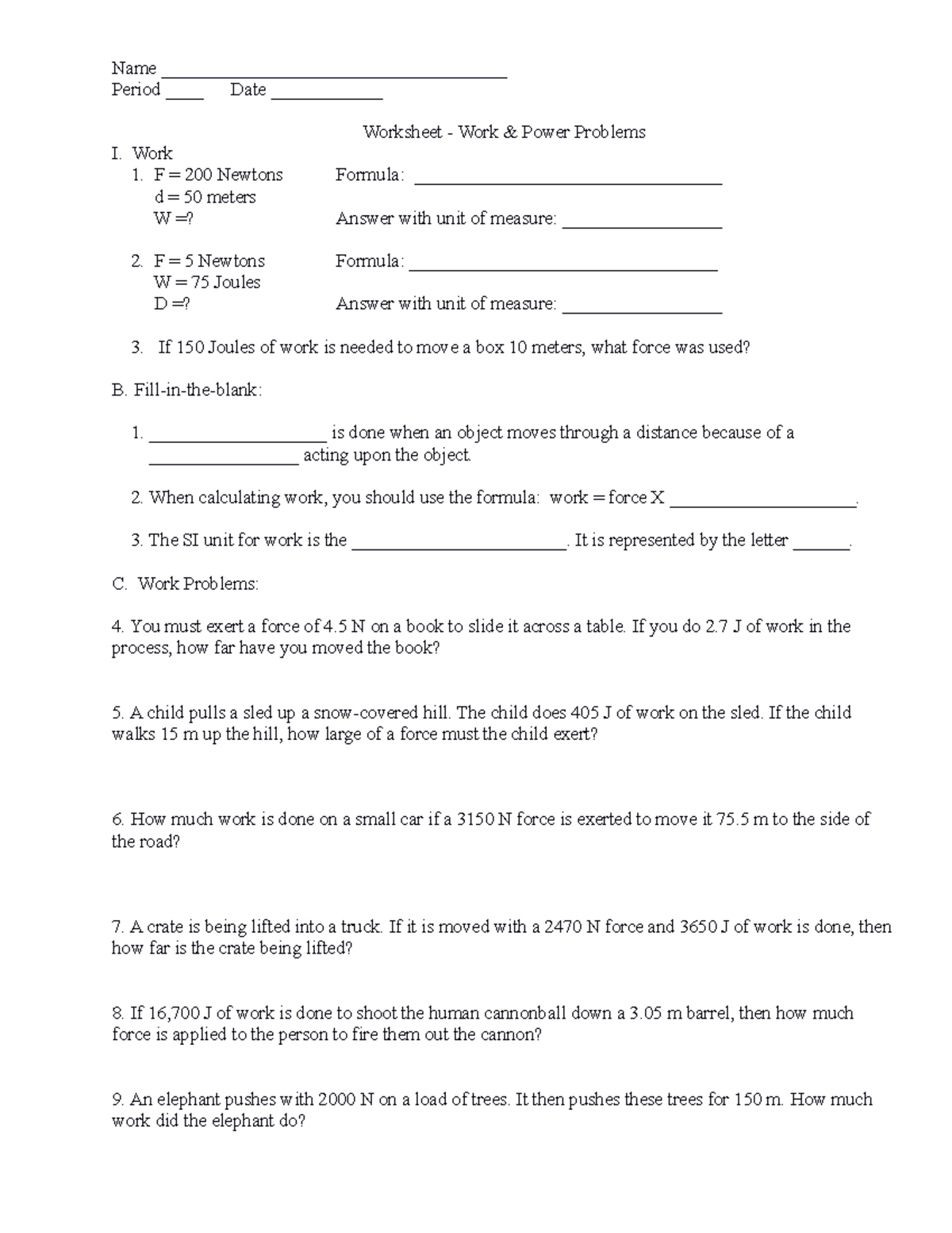 Worksheet - Work and Power Problems - Name ...