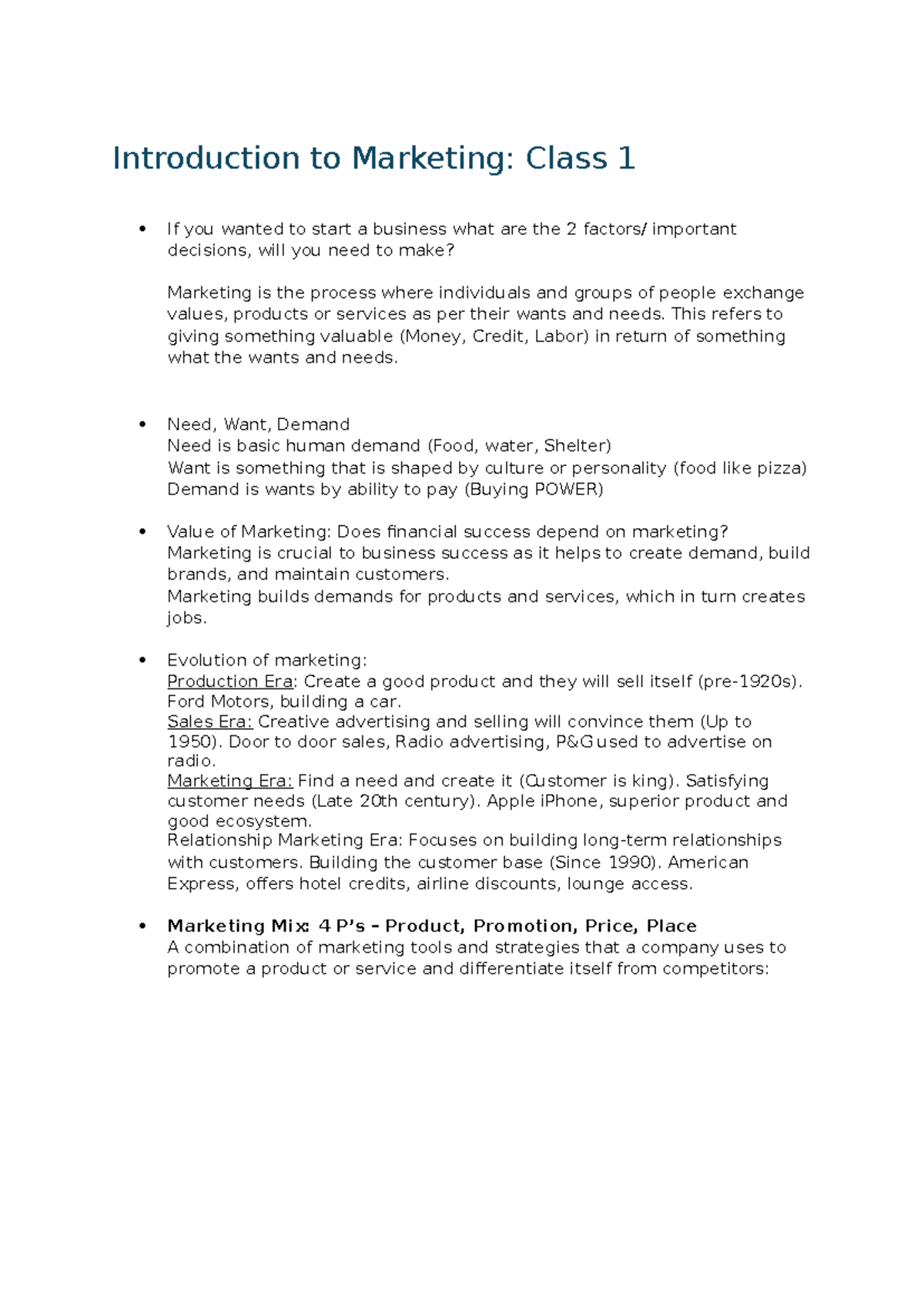 Class 1 Intro to Marketing - Introduction to Marketing: Class 1 If you ...