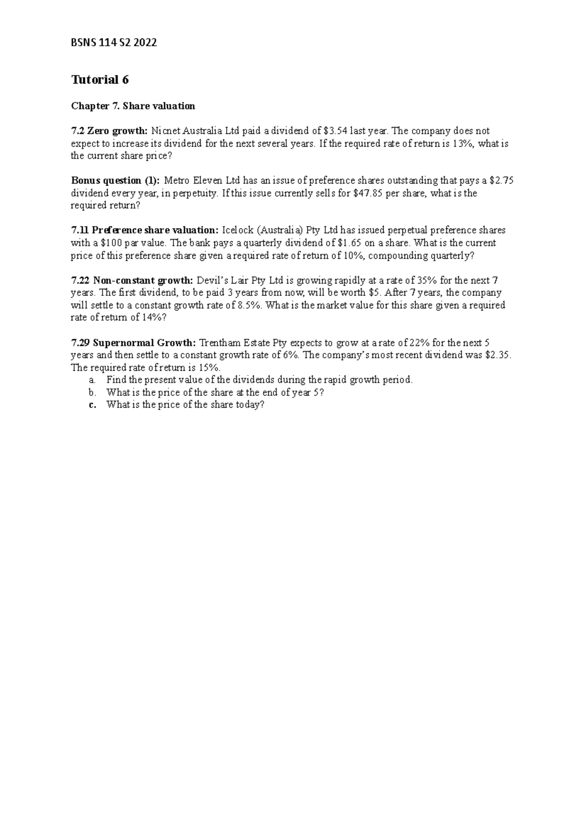 Tut 6 Question S2 2022(1) - BSNS 114 S2 2022 Tutorial 6 Chapter 7 ...
