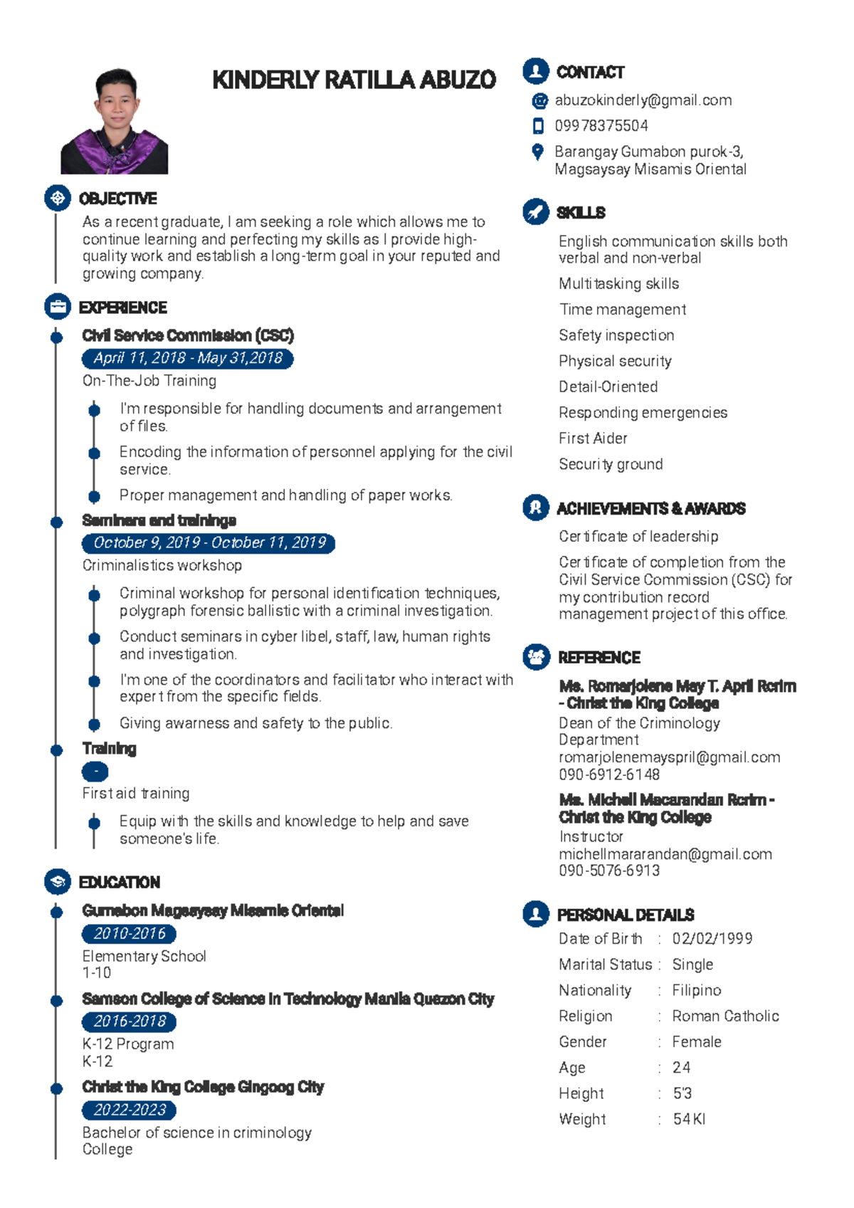 Watchman application Resume 123 - KINDERLY RATILLA ABUZO OBJECTIVE As a ...