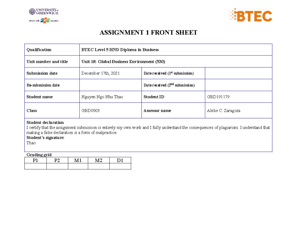 Nguyenngonhuthao ASM1 530 - ASSIGNMENT 1 FRONT SHEET Qualification BTEC Level 5 HND Diploma in ...