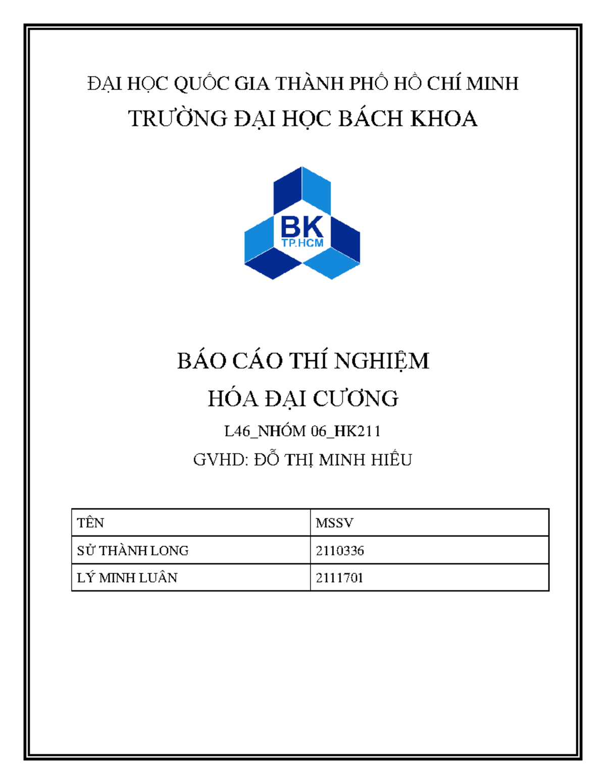 BÁO CÁO TN HĐC - L46 - HK211 - Đ¾I HâC QUàC GIA THÀNH PHà Hâ CHÍ MINH ...
