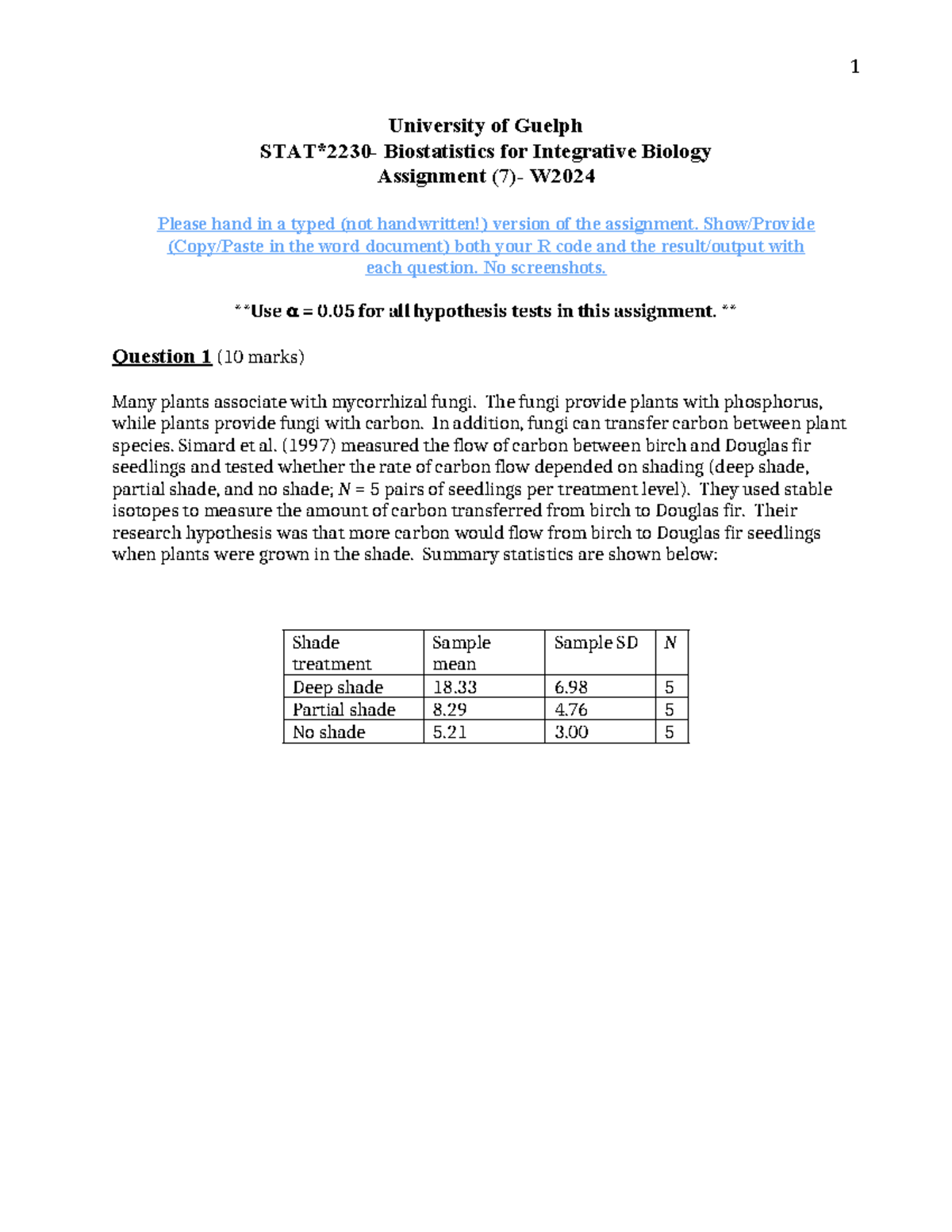 Assignment 7 No Solutions W2024 University Of Guelph Stat 2230 Biostatistics For Integrative