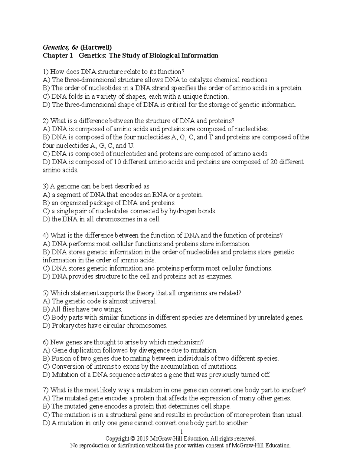 Hartwell 6e chapter 01 tb (practice key) - Genetics, 6e (Hartwell ...