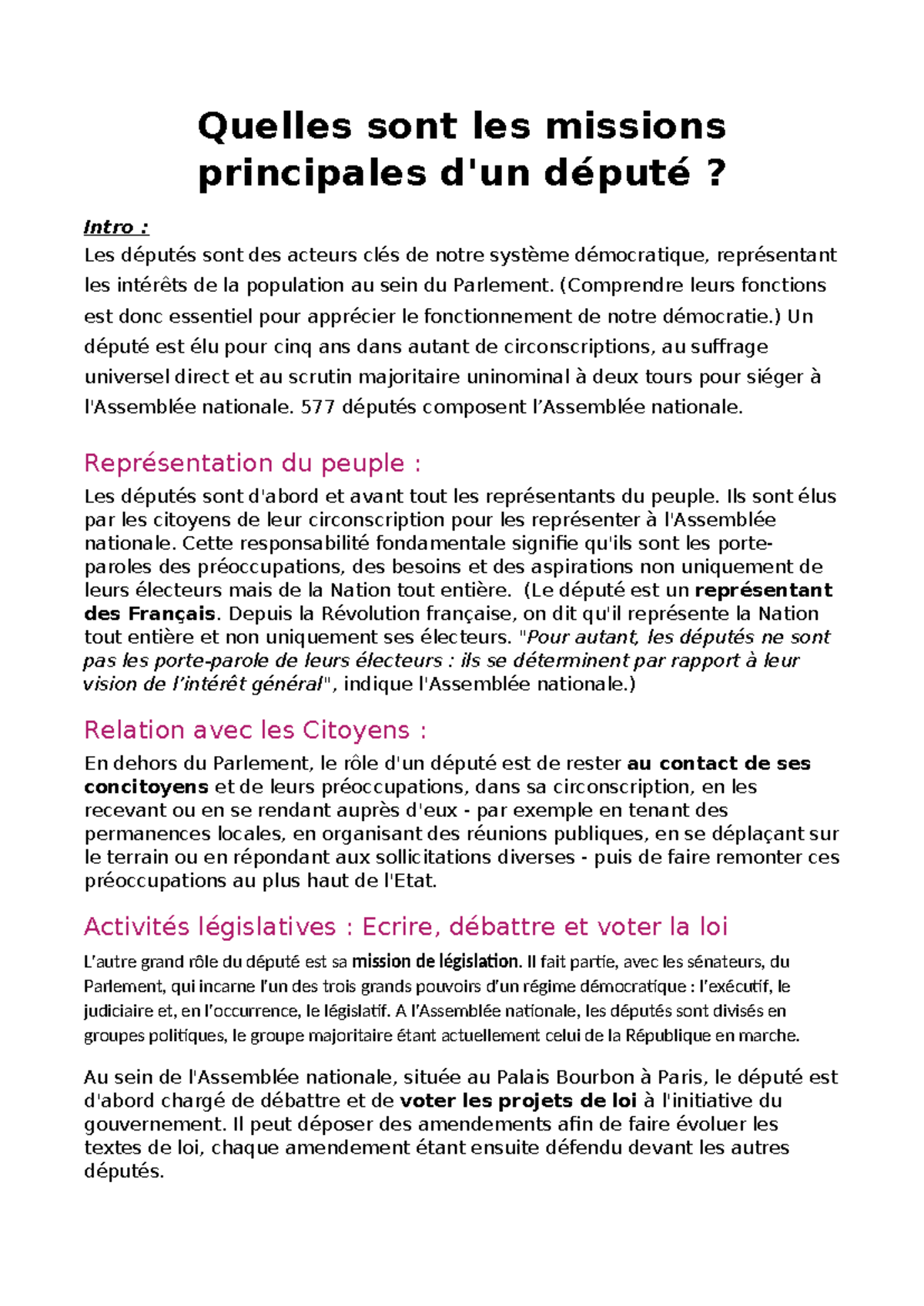 EMC les missions d'un député - Quelles sont les missions principales d'un député? Intro : Les ...