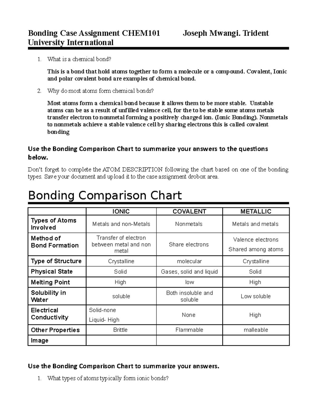 Case Assignment CHEM101 Module 2 - Bonding Case Assignment CHEM101 ...
