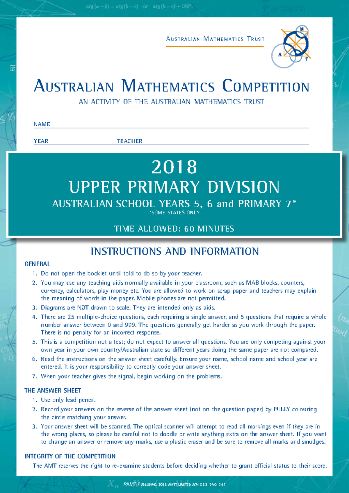 Australian maths competition 2018 - 2018 UPPER PRIMARY DIVISION ...