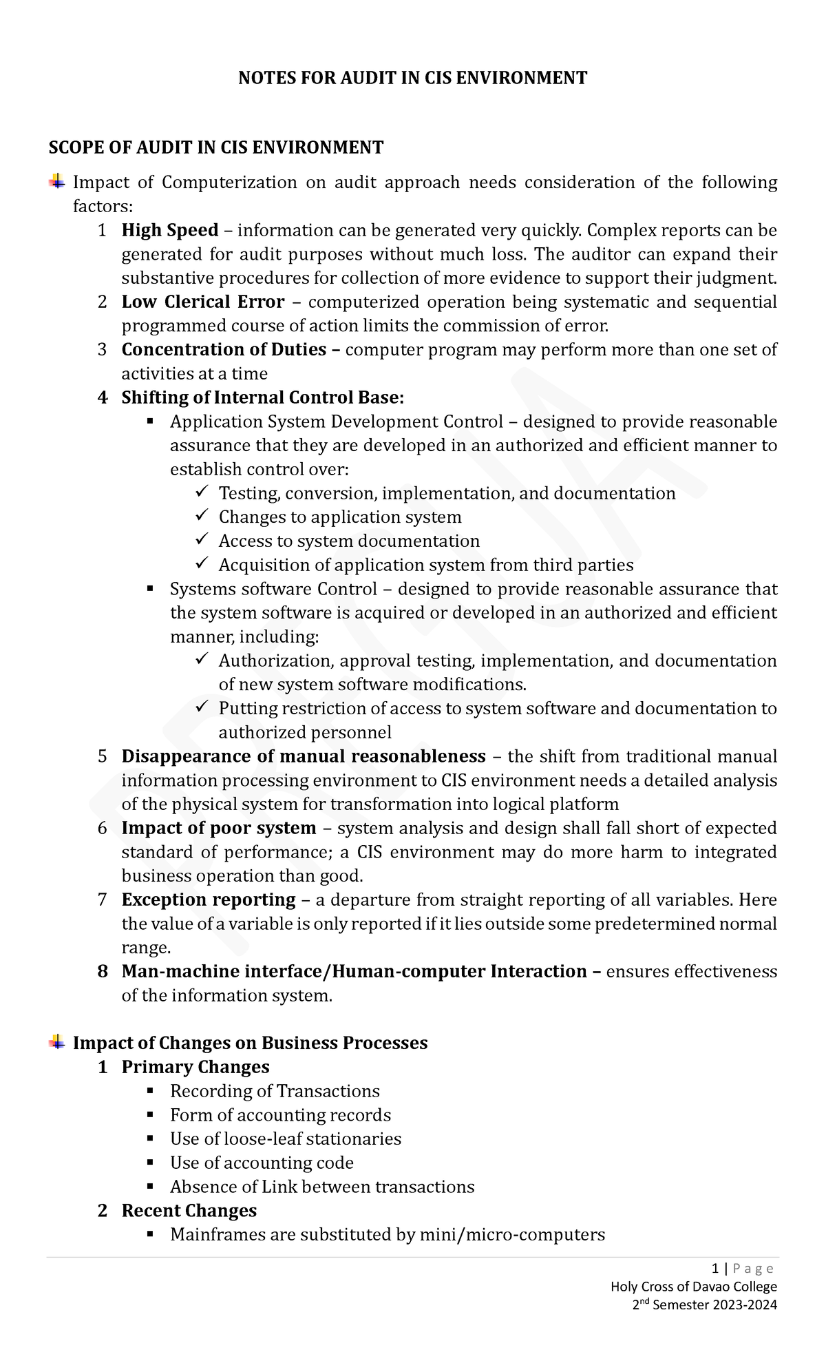 Note 1 - Introduction to CIS Environment - 1 | P a g e Holy Cross of ...