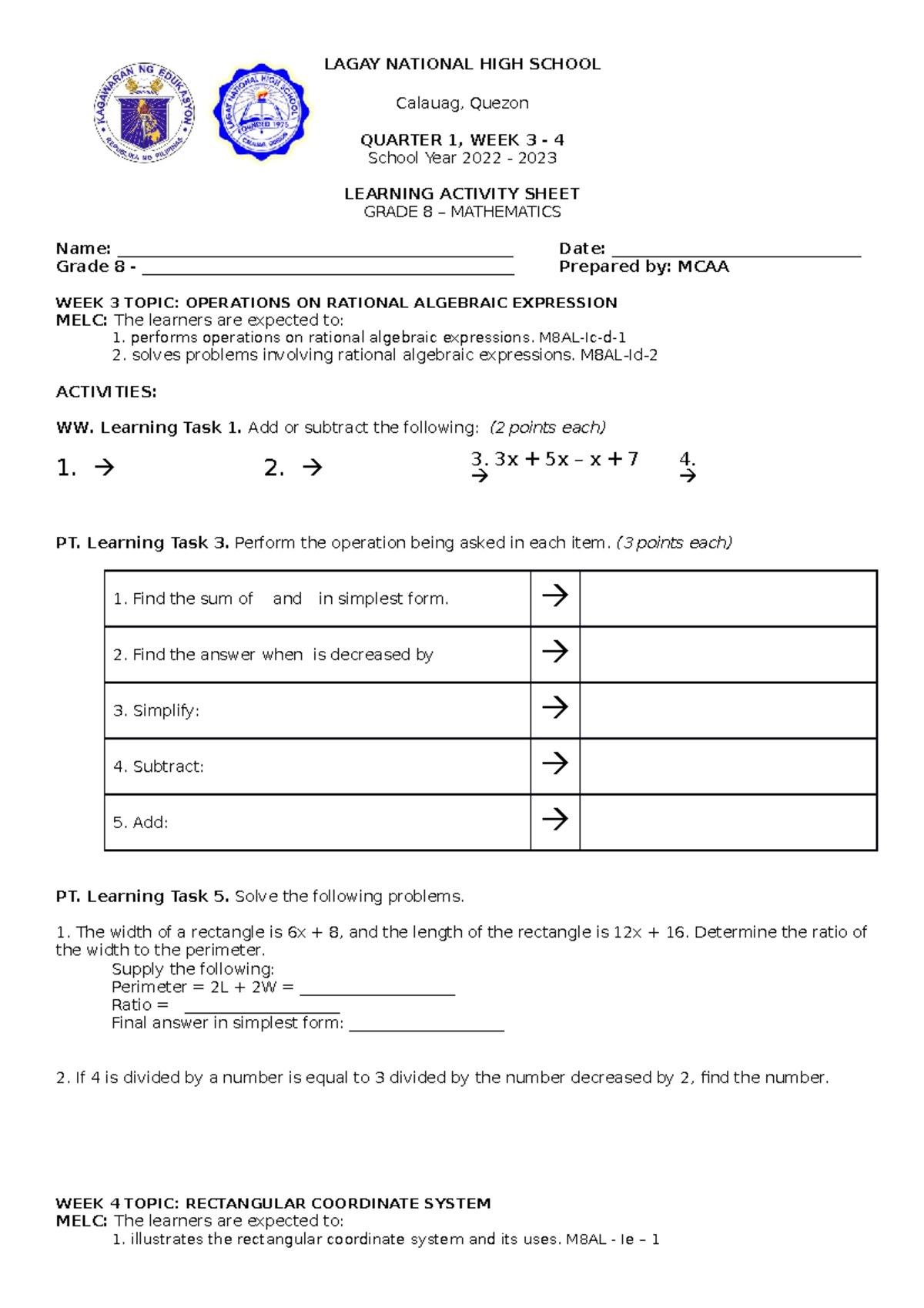 MCAA LAS Q1 W3-4 2022 - 2nd Activity Sheet on ESP 7, MAPEH 9 and Math 8 ...
