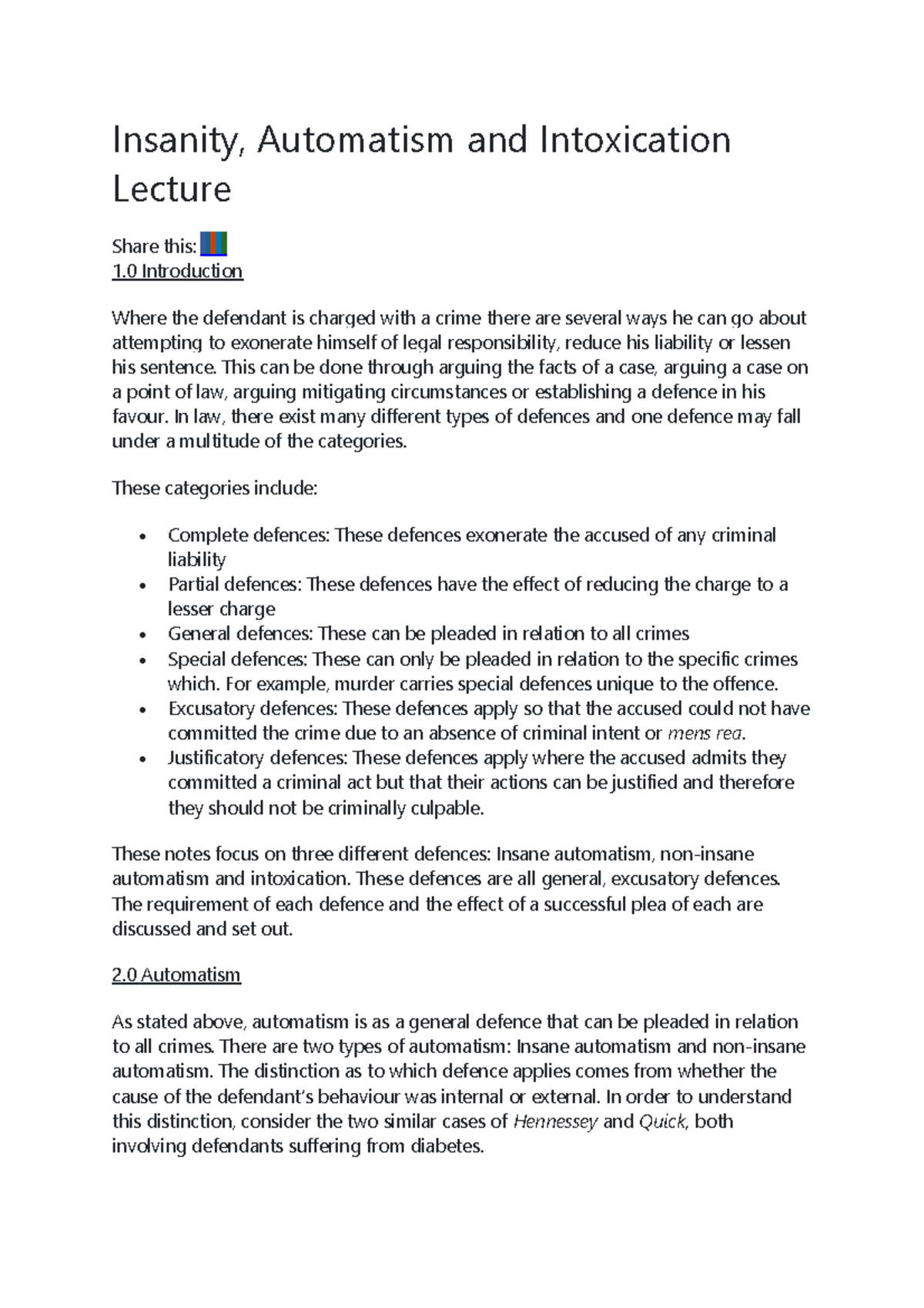 Lecture 15 - Insanity - Insanity, Automatism and Intoxication Lecture ...