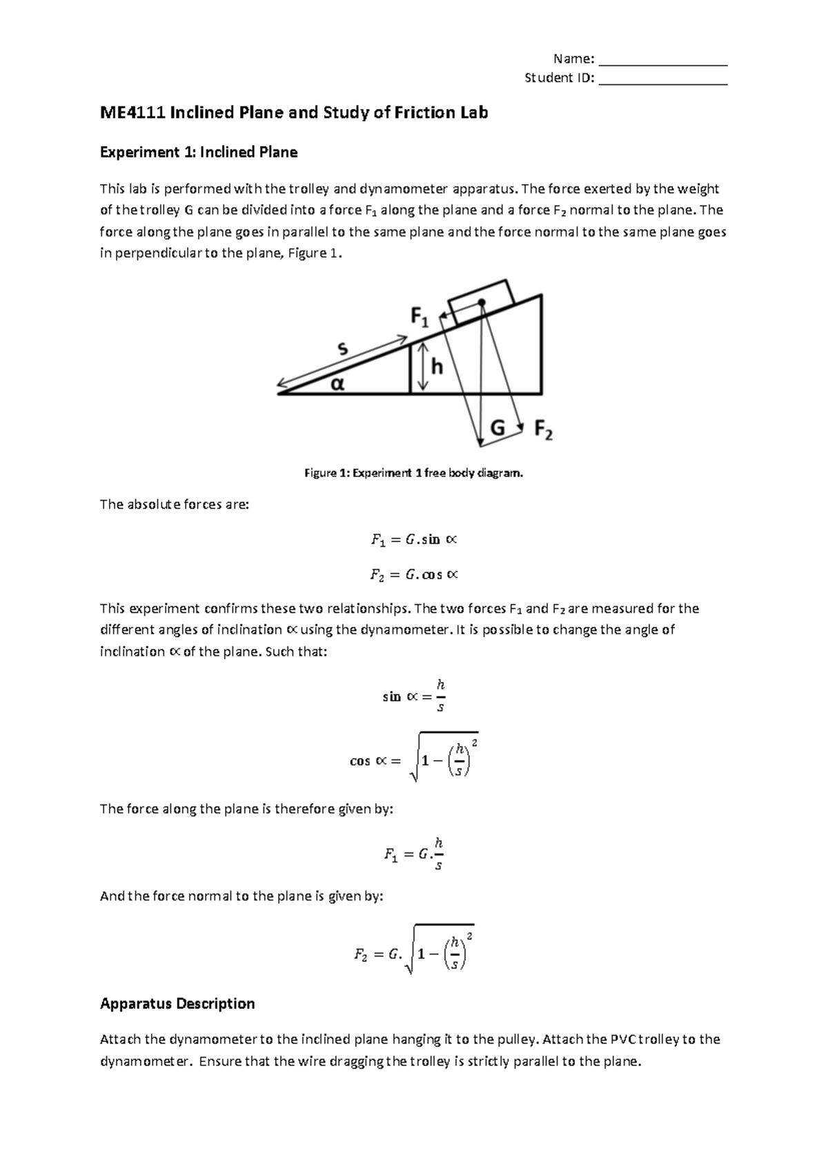 ME4111 Inclined Plane and Study of Friction Lab - Name ...