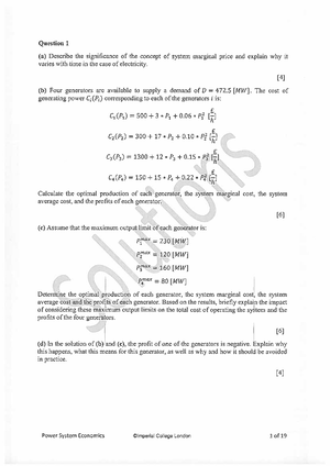 2020 - The Power Systems Economics document past paper for Imperial ...