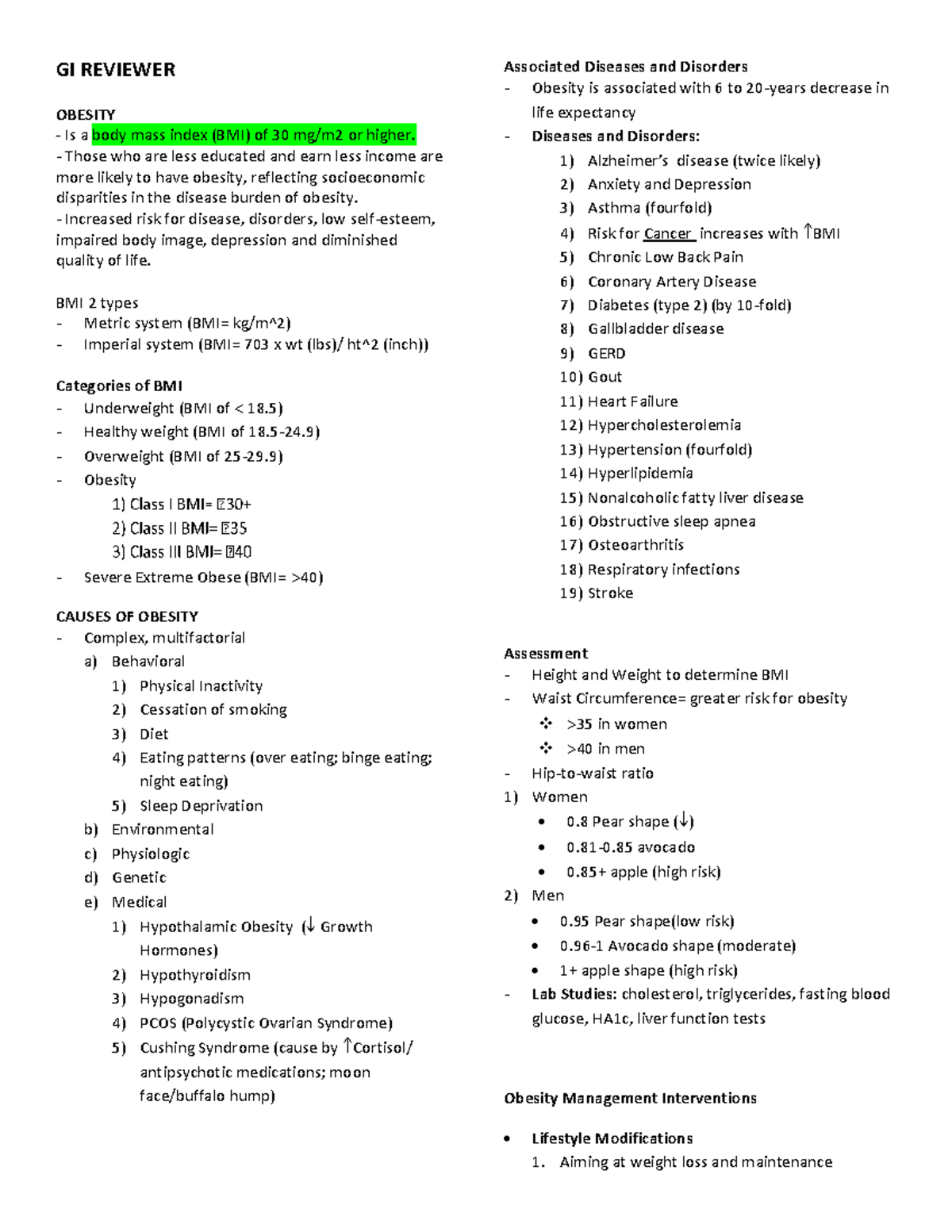 GI- Reviewer - GI REVIEWER OBESITY Is a body mass index (BMI) of 30 mg ...