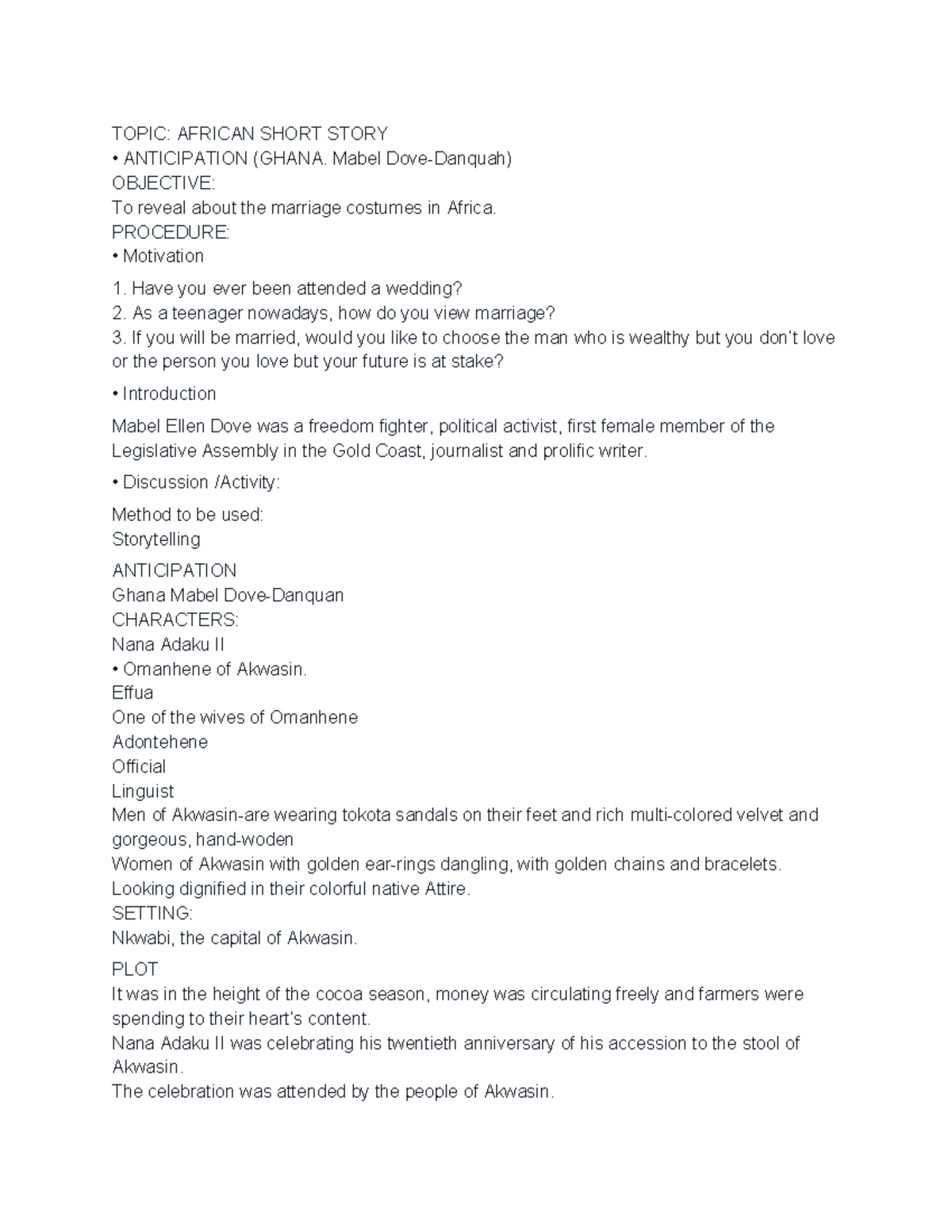 Afro - Lesson Plan - TOPIC: AFRICAN SHORT STORY ANTICIPATION (GHANA ...