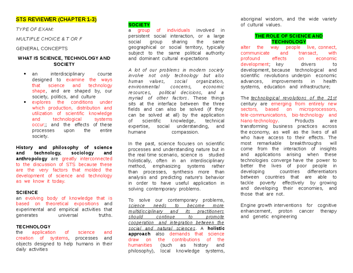 STS Reviewer - STS REVIEWER (CHAPTER 1-3) TYPE OF EXAM: MULTIPLE CHOICE & T OR F GENERAL - Studocu