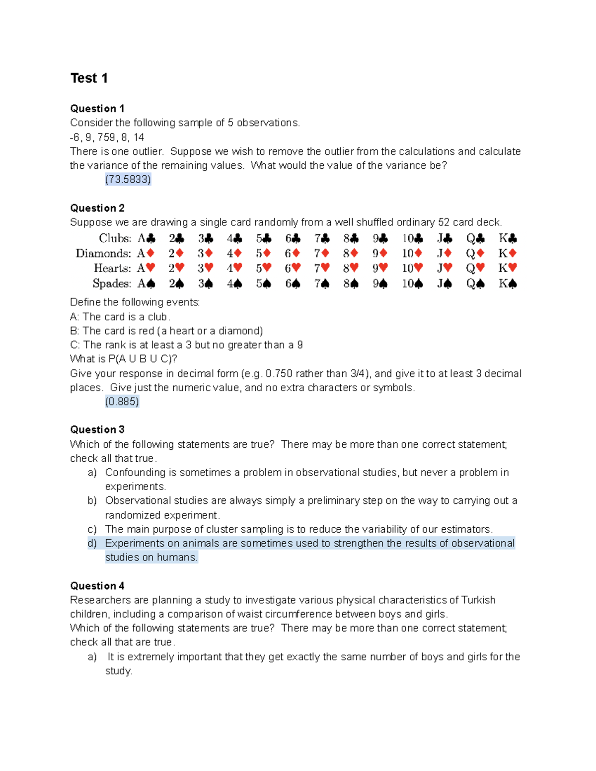 Stats test 1-3 - test 1-3 questions - Test 1 Question 1 Consider the ...