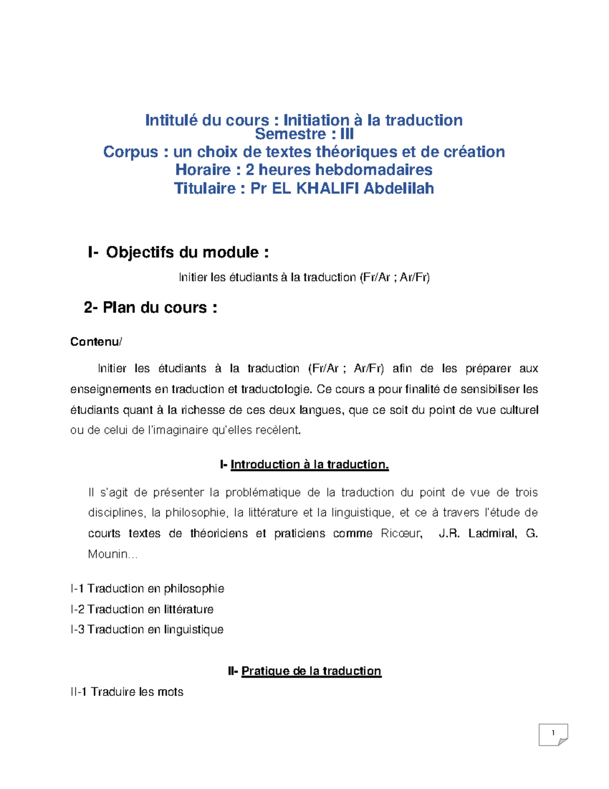S3 Initiation à la traduction, Présentation- Pr EL Khalifi - 1 Intitulé ...