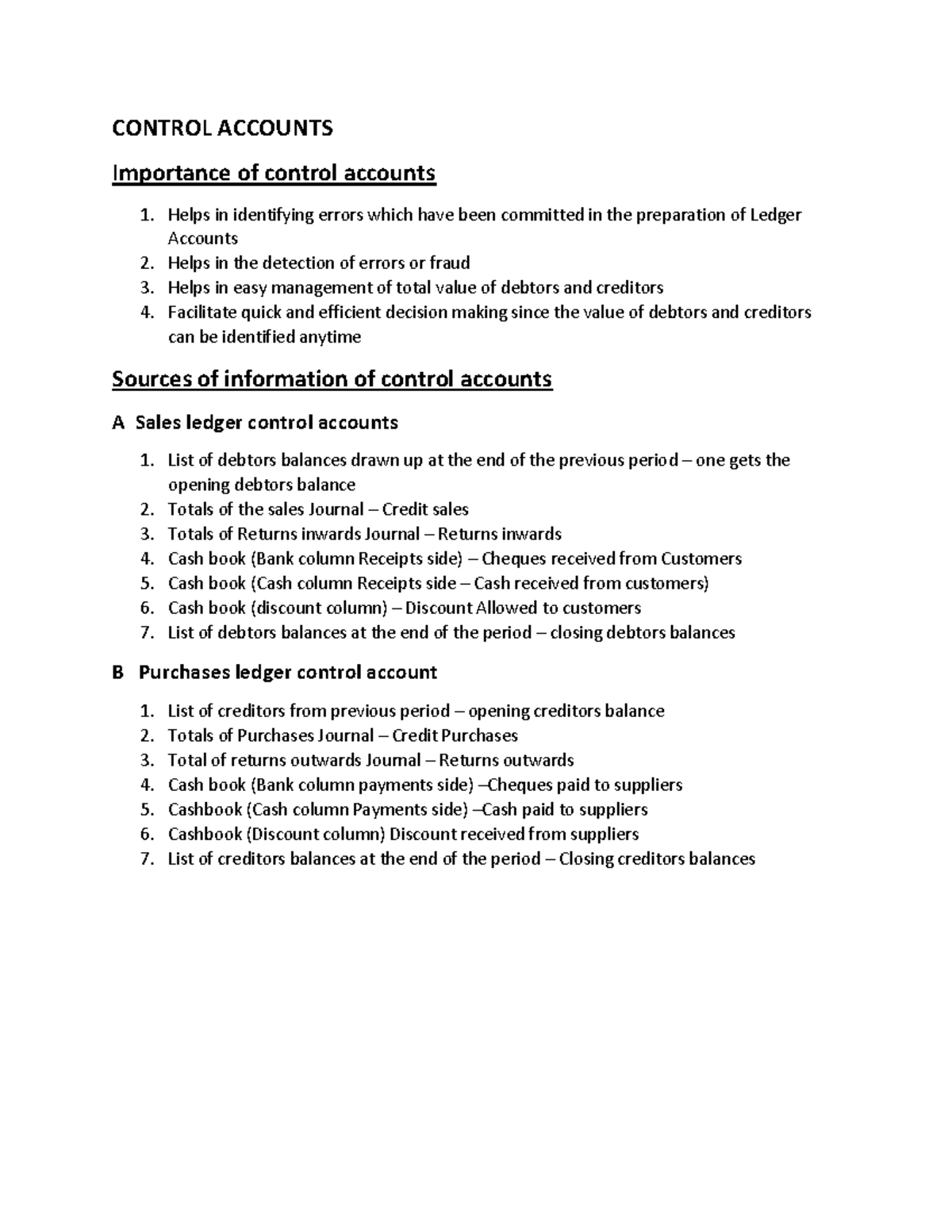 Control Accounts Notes - CONTROL ACCOUNTS Importance of control ...