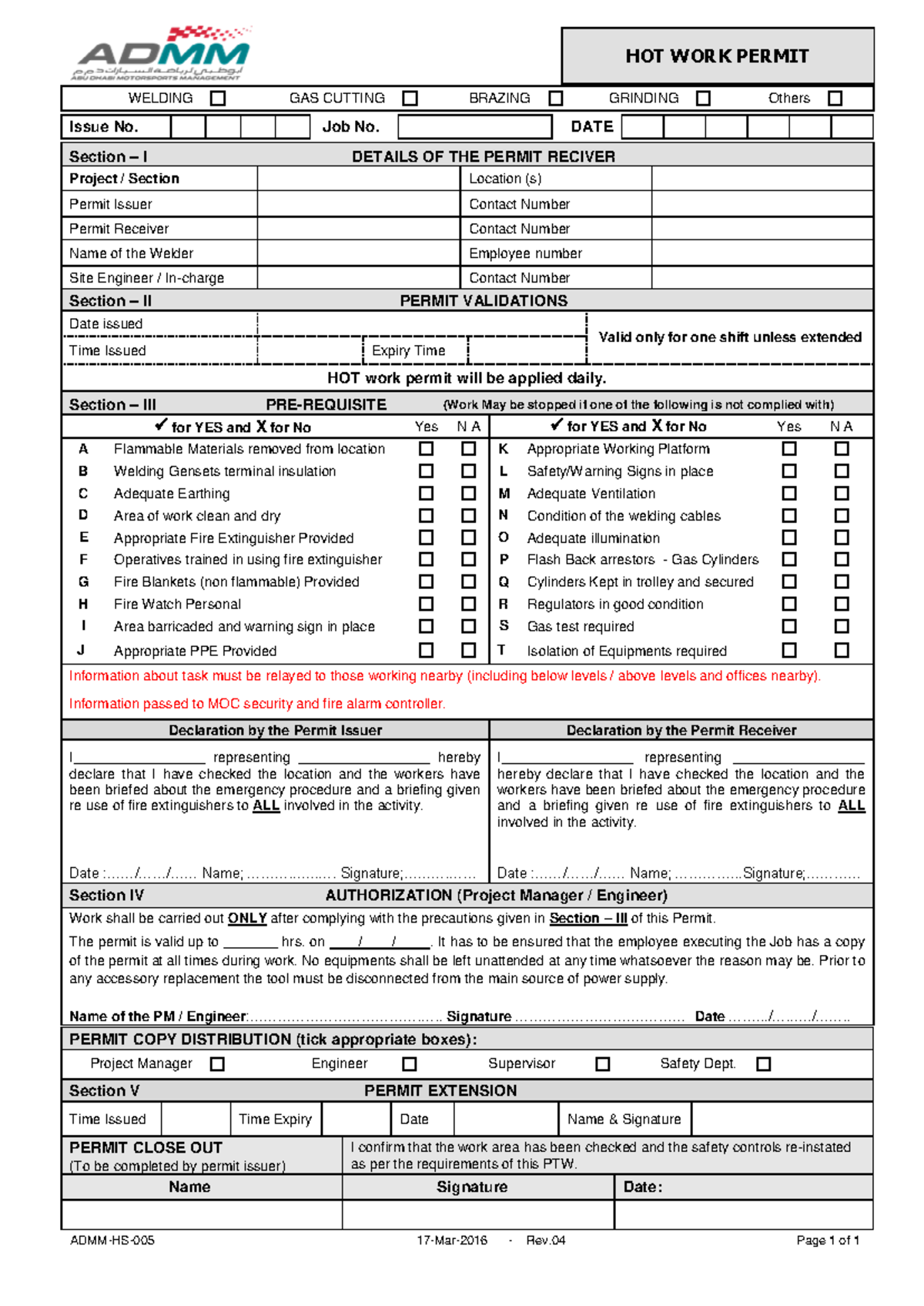 14 - Hot Work Permit Form - HOT WORK PERMIT ADMM-HS-005 17-Mar-2016 ...