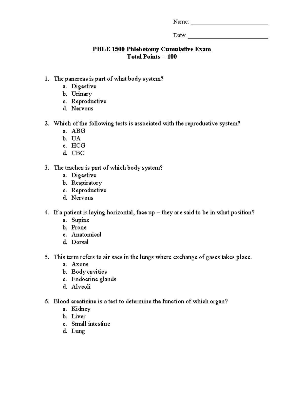 PHLE 1500 Phlebotomy Cumulative Exam 2017 Blank - Name ...