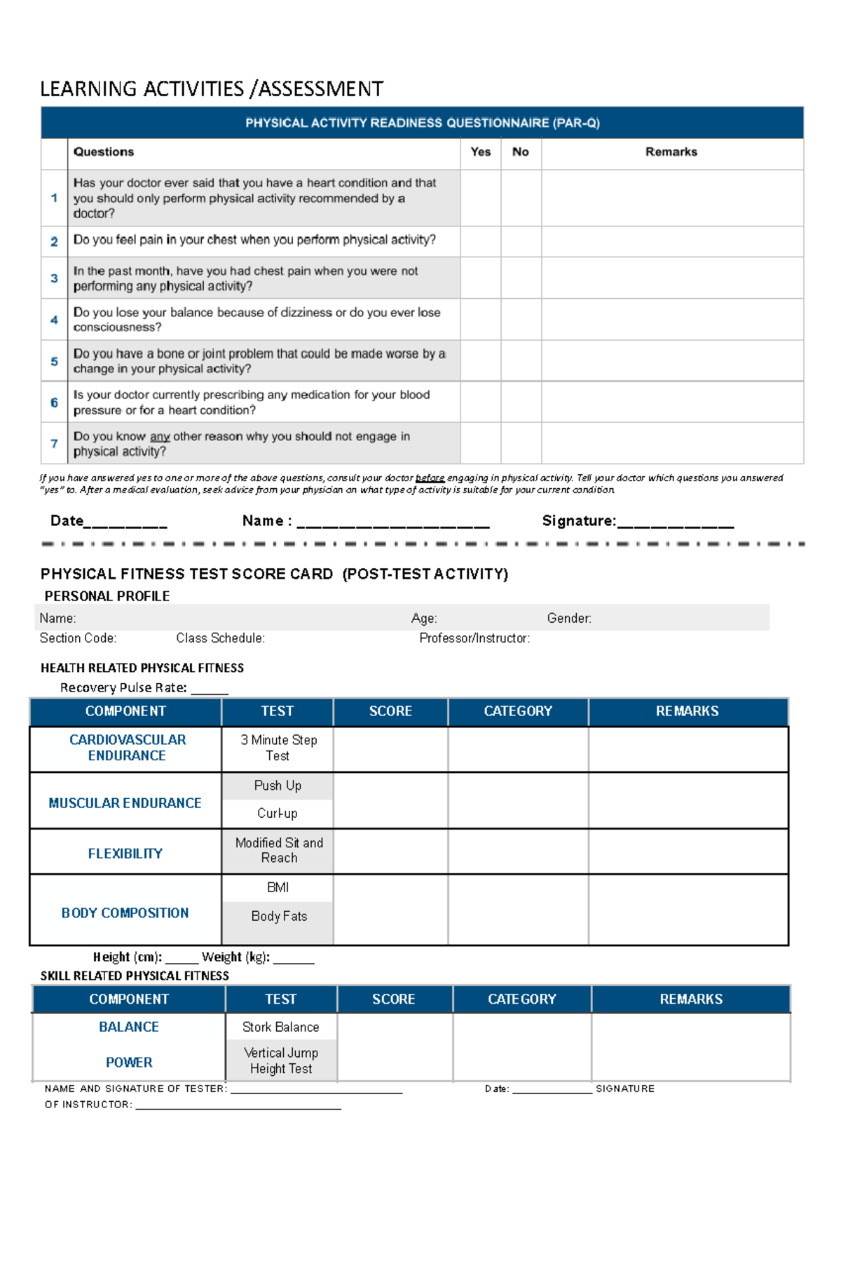 POST-TEST Score CARD - LEARNING ACTIVITIES /ASSESSMENT If you have ...