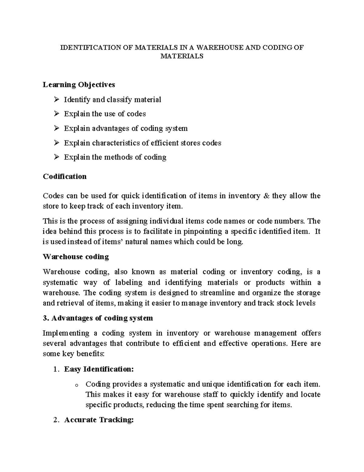 Identification OF Materials IN A Warehouse AND Coding OF Materials ...