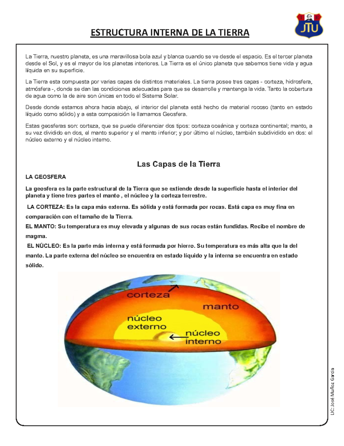 1RO- Estructura Interna DE LA Tierra - LIC: José Muñoz Garcia ...