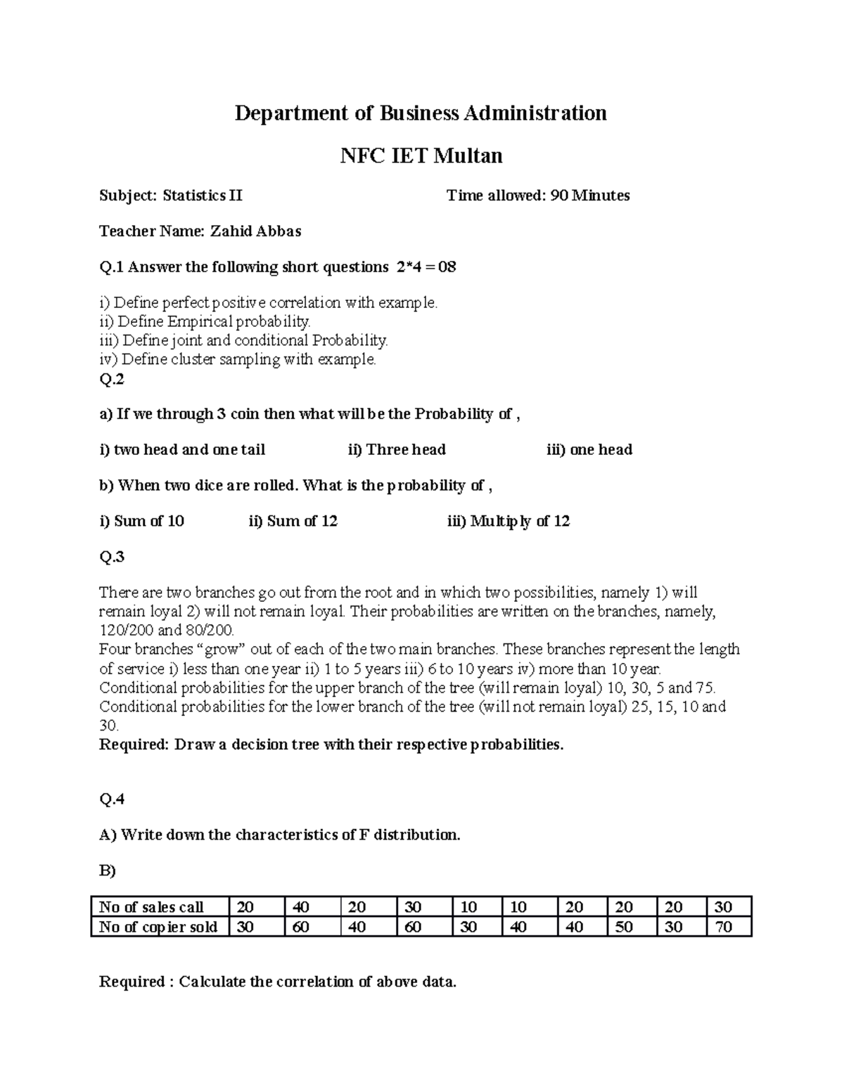 Statistics II NFC - Different question about subject - Department of ...