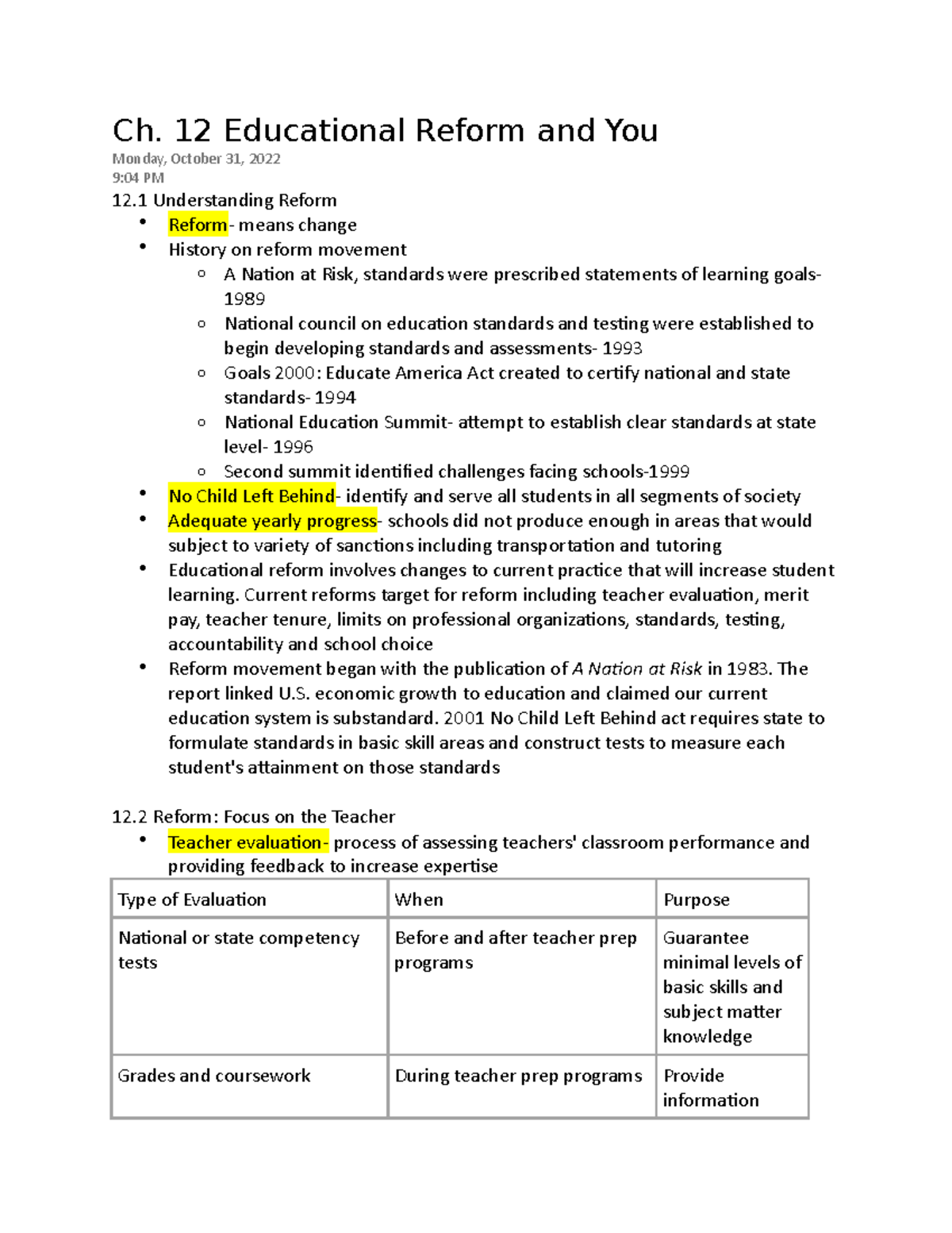 Ed-100 Ch. 12 - Chapter 12 notes - Ch. 12 Educational Reform and You ...