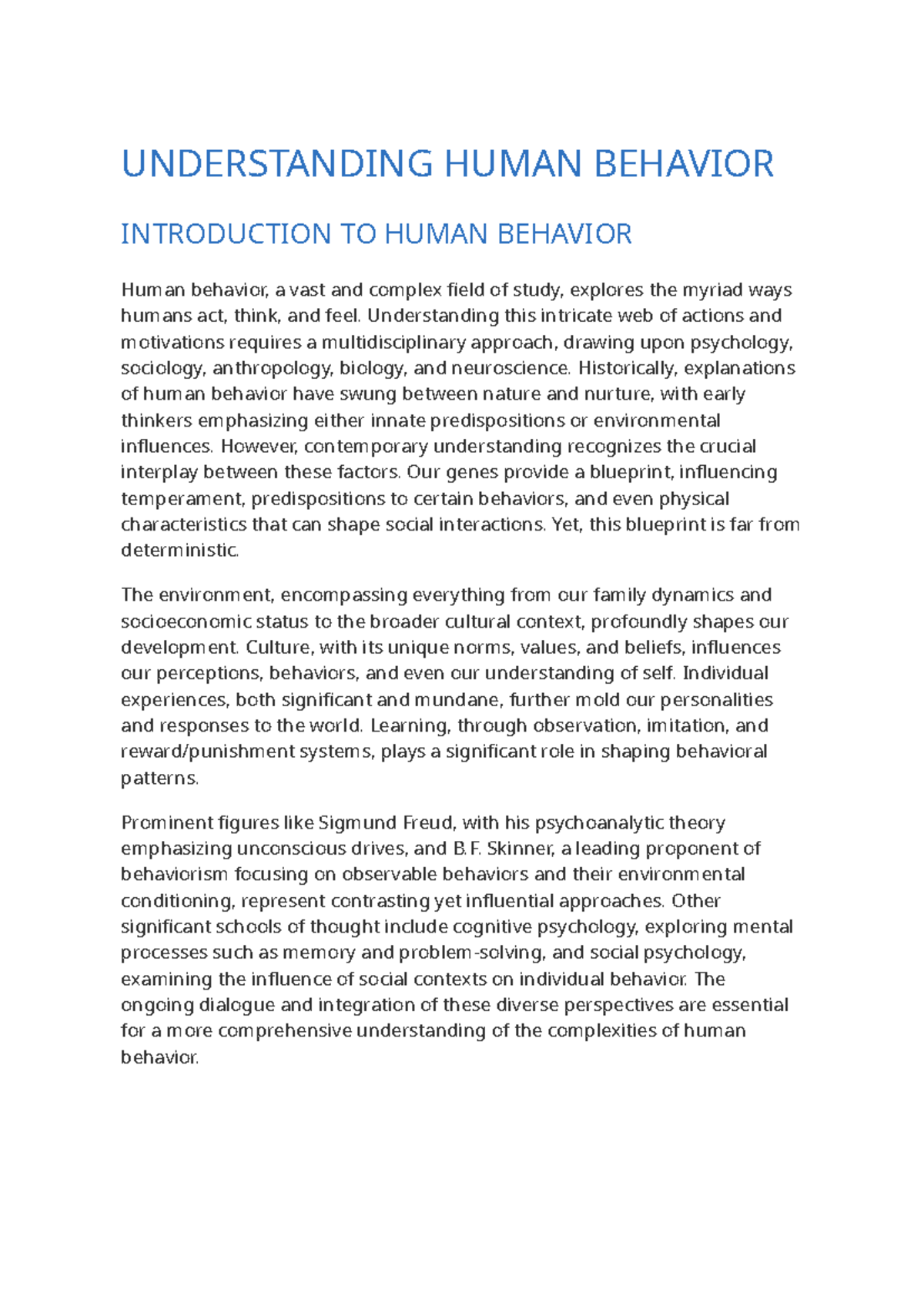 Understanding Human Behavior - UNDERSTANDING HUMAN BEHAVIOR ...