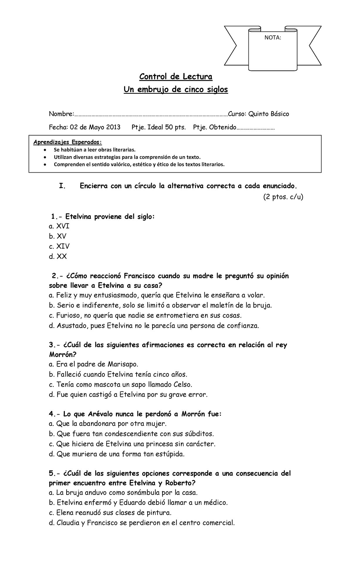 139056824 Prueba un embrujo de cinco siglos docx - Control de Lectura ...