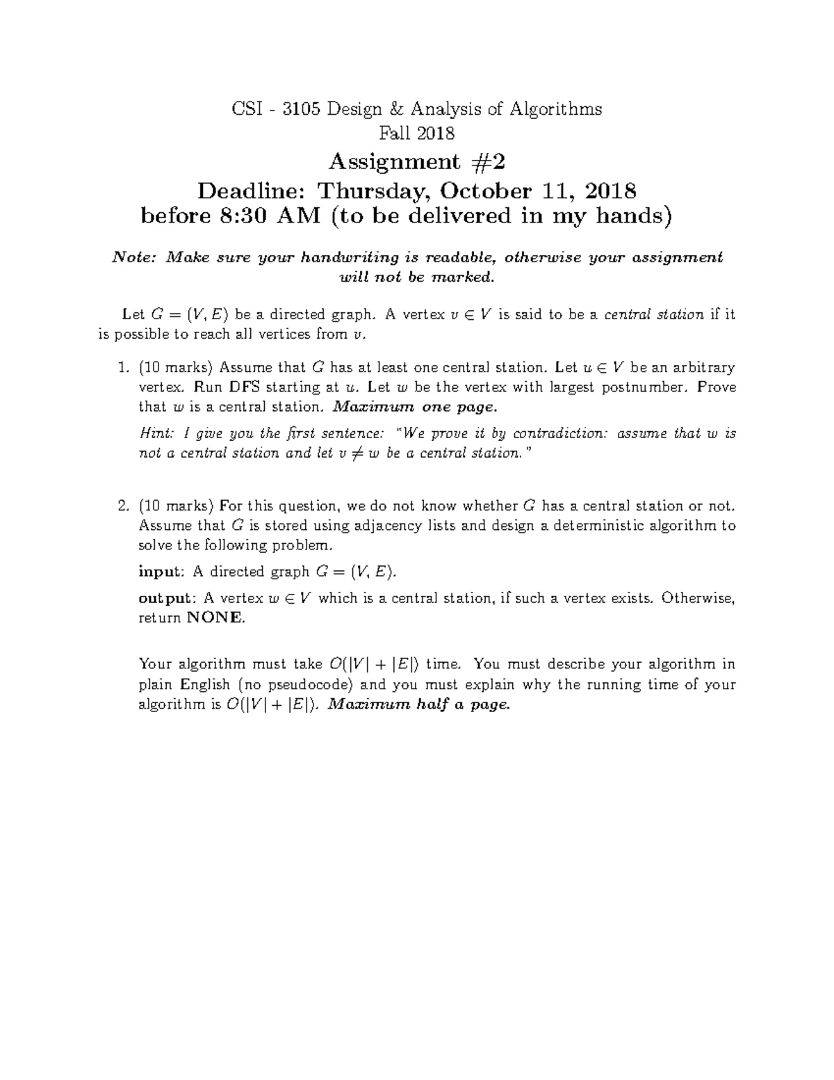 A2 - ass - CSI - 3105 Design & Analysis of Algorithms Fall 2018 ...
