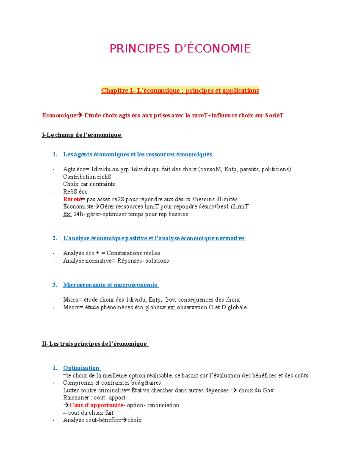 Notes Chapitre 1 - PRINCIPES D’ÉCONOMIE Chapitre 1- L’économique ...