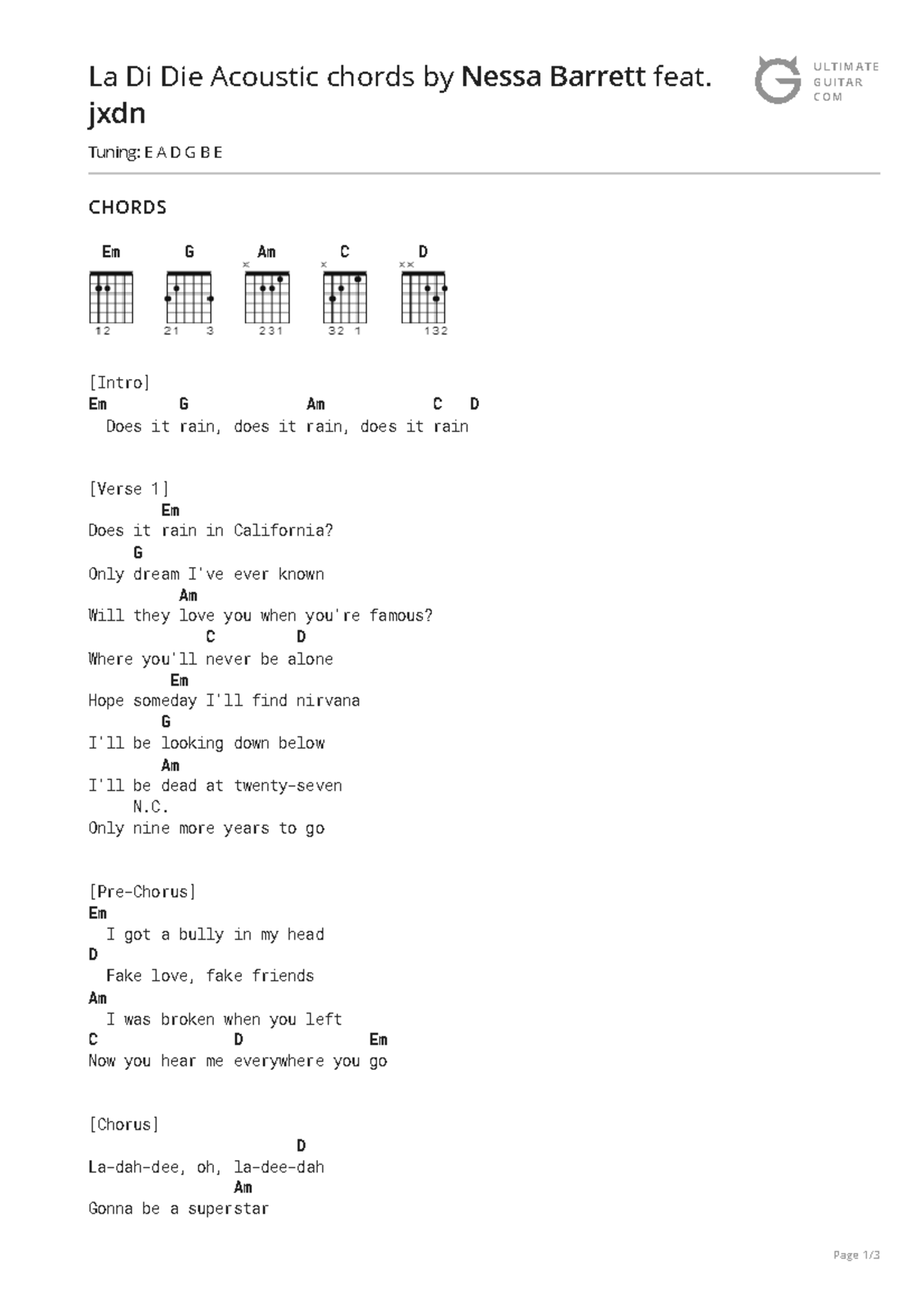 La Di Die Chords by Nessa Barretttabs @ Ultimate Guitar Archive ...