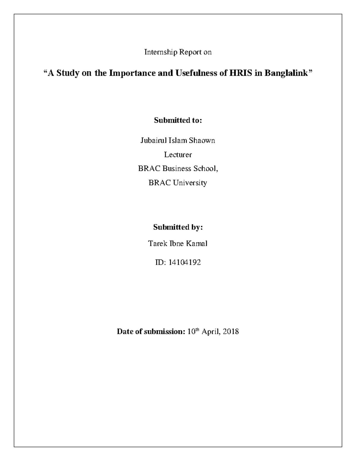 14104192 BBA - IB assignment - Internship Report on “A Study on the ...
