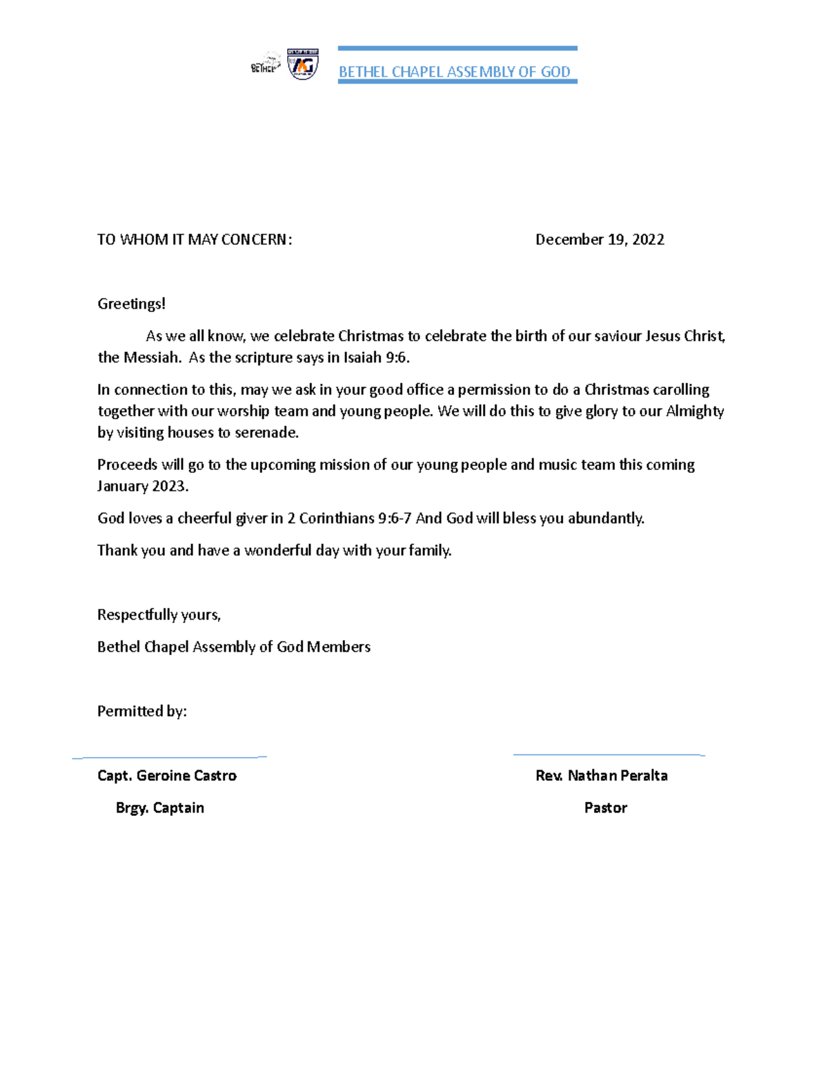 Christmas-carolling-letter - TO WHOM IT MAY CONCERN: December 19, 2022 ...