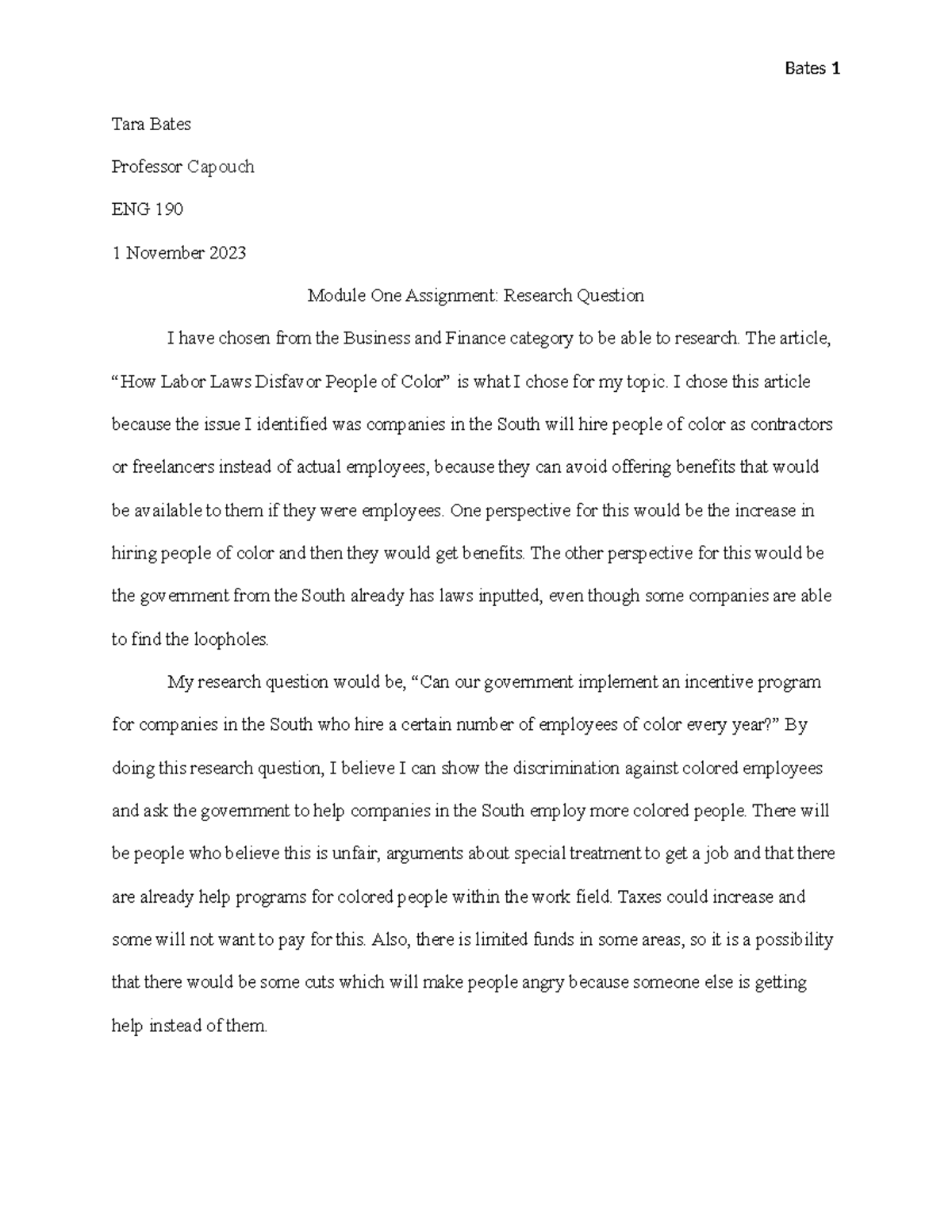ENG 190 Module One Research Question Assignment - Tara Bates Professor ...