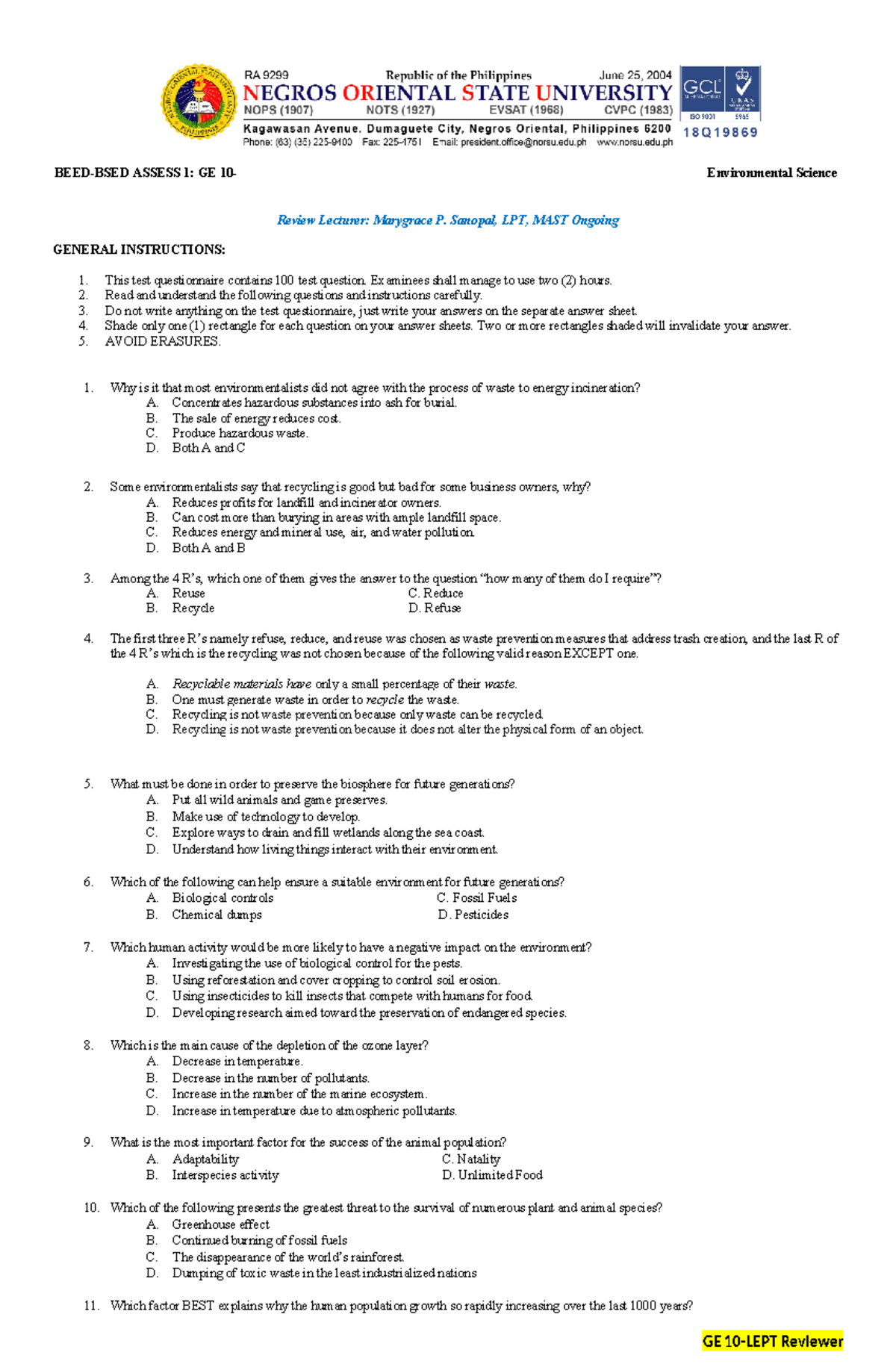 BEED-BSED Assess POST TEST - BEED-BSED ASSESS 1: GE 10- Environmental ...