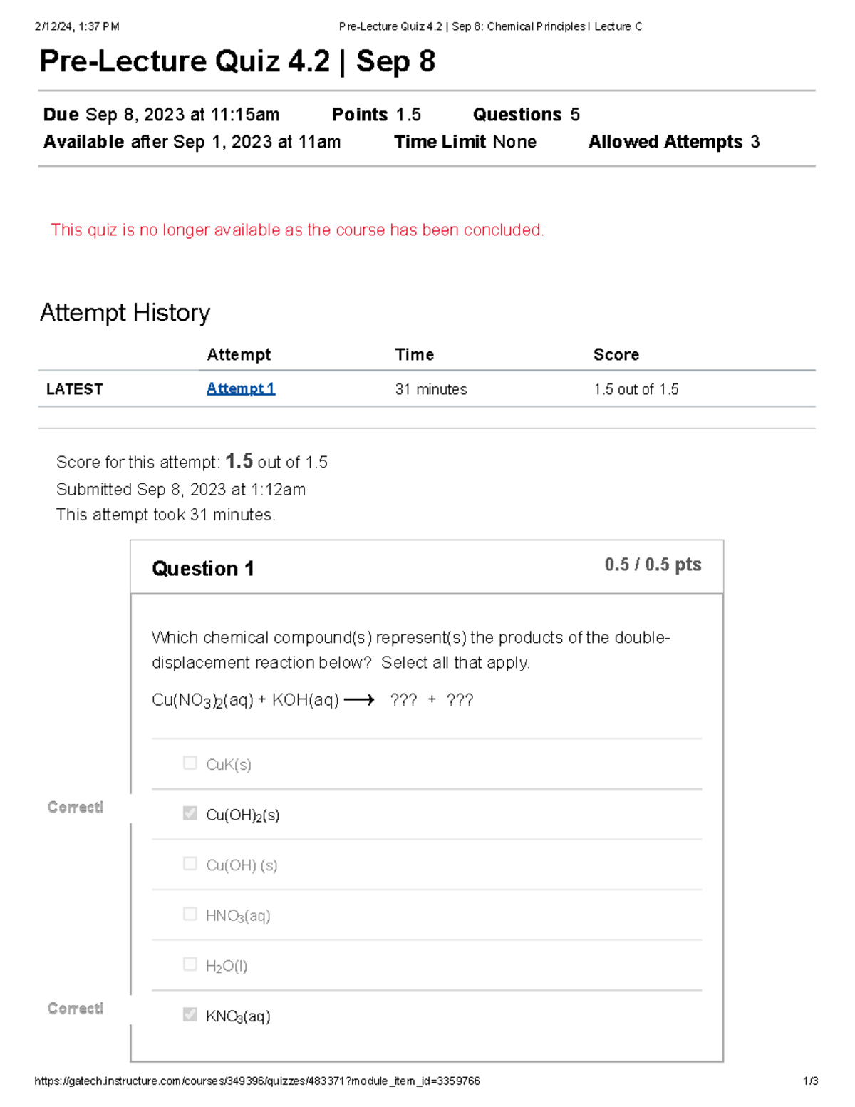 Pre-Lecture Quiz 4.2 Sep 8 Chemical Principles I Lecture C - 2/12/24, 1 ...