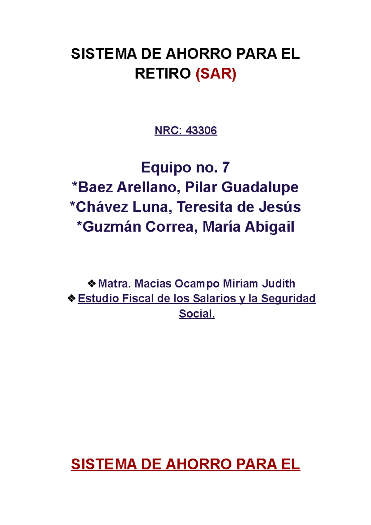 SAR.- SISTEMA DE AHORRO PARA EL RETIRO - SISTEMA DE AHORRO PARA EL ...
