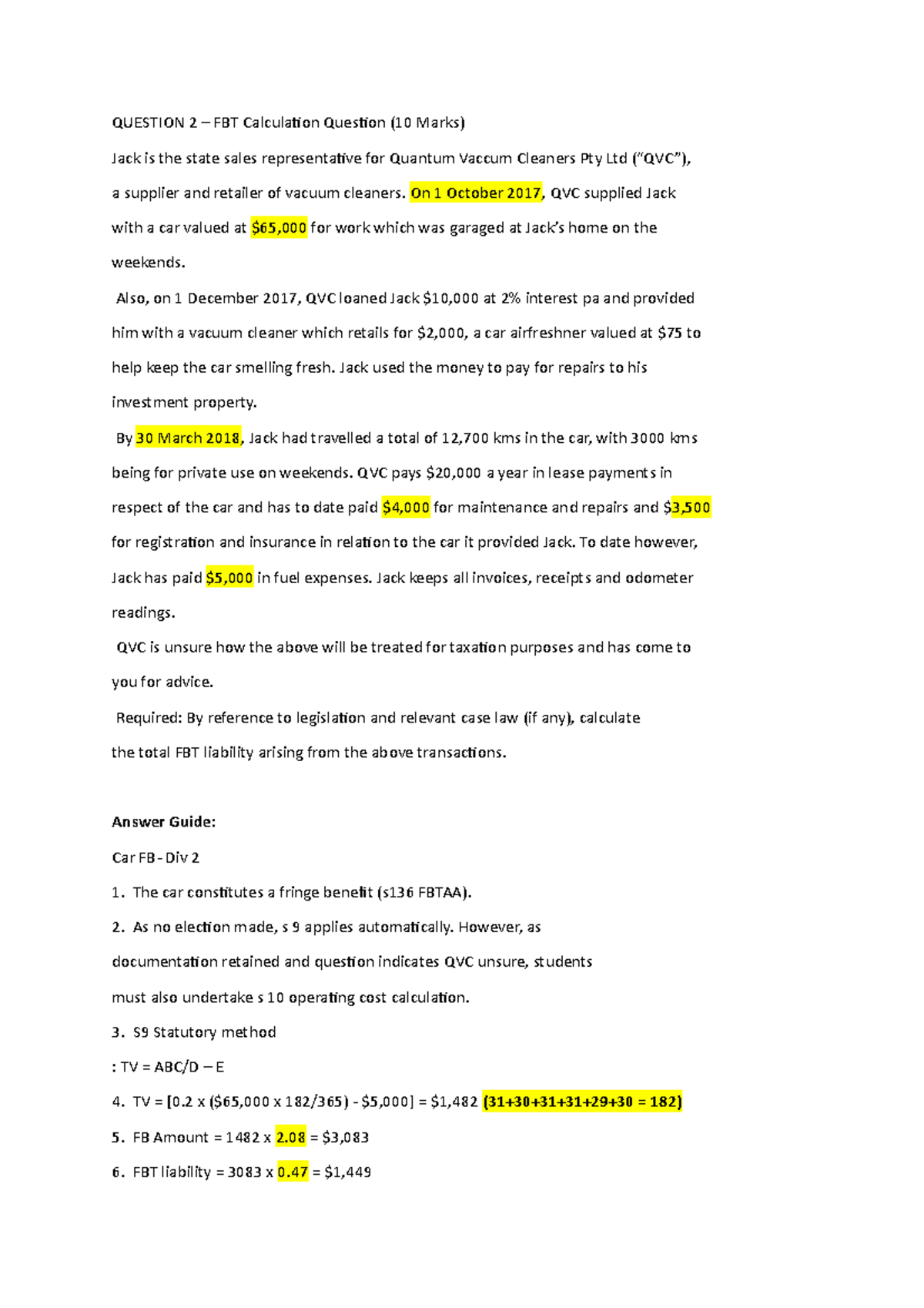 Question 2 - note for final exam - QUESTION 2 – FBT Calculation ...