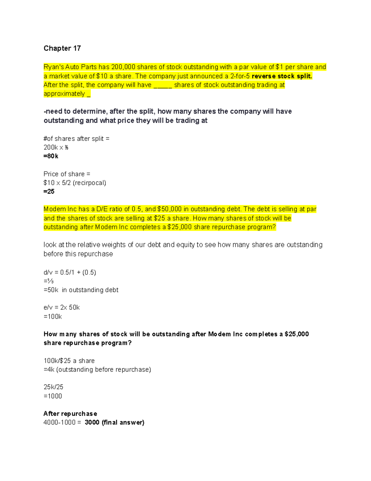 2fb3 midterm 2 extra help qs - Chapter 17 Ryan's Auto Parts has 200,000 ...