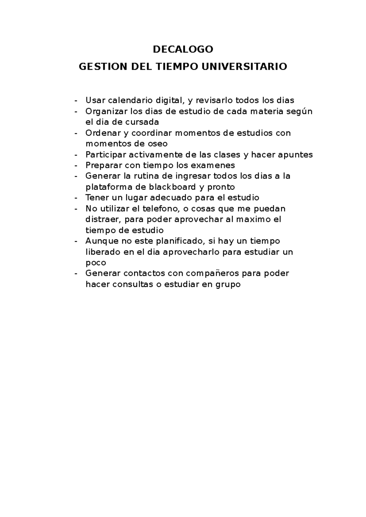 Decalogo - DECALOGO GESTION DEL TIEMPO UNIVERSITARIO - Usar calendario ...