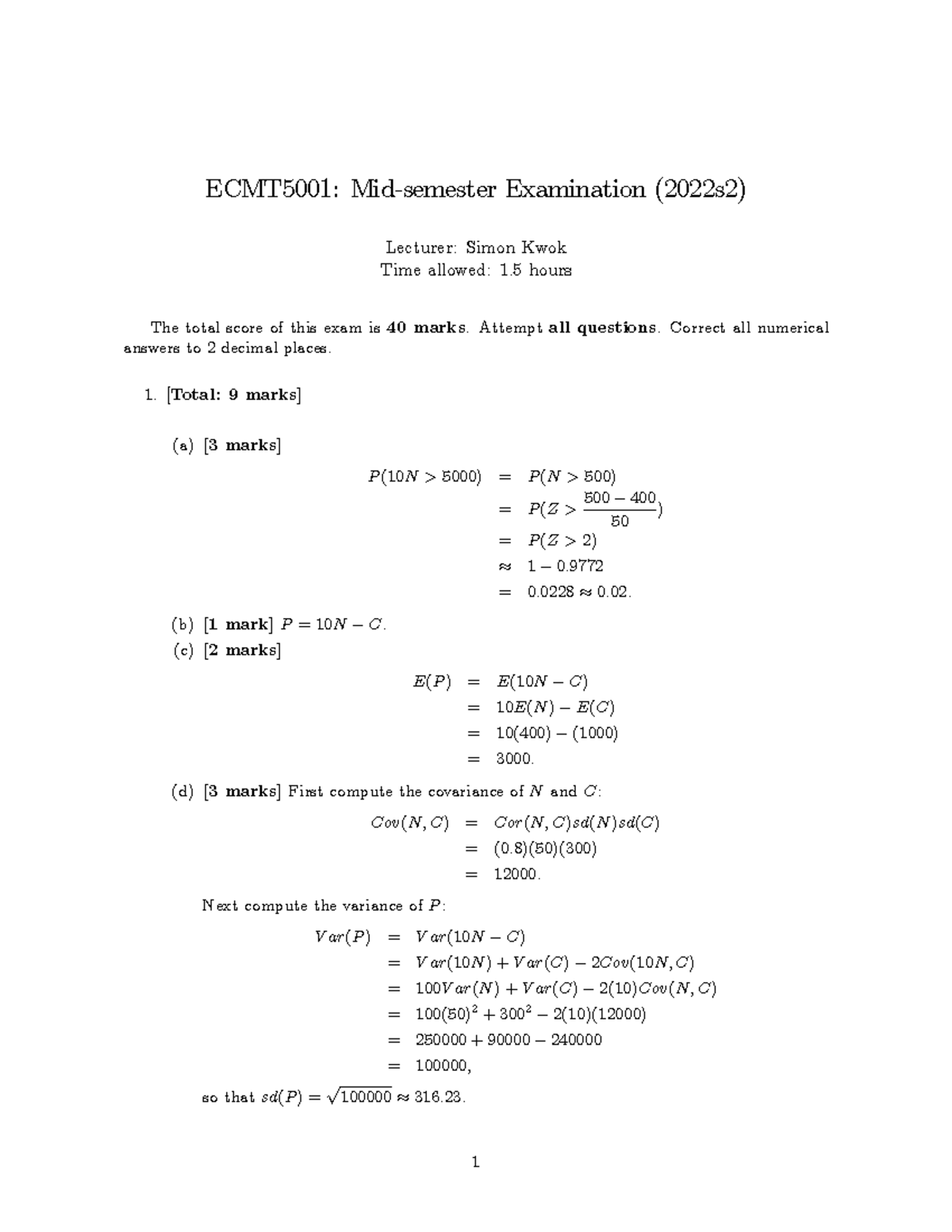 Mid semester solutions 2022s1 - ECMT5001: Mid-semester Examination ...