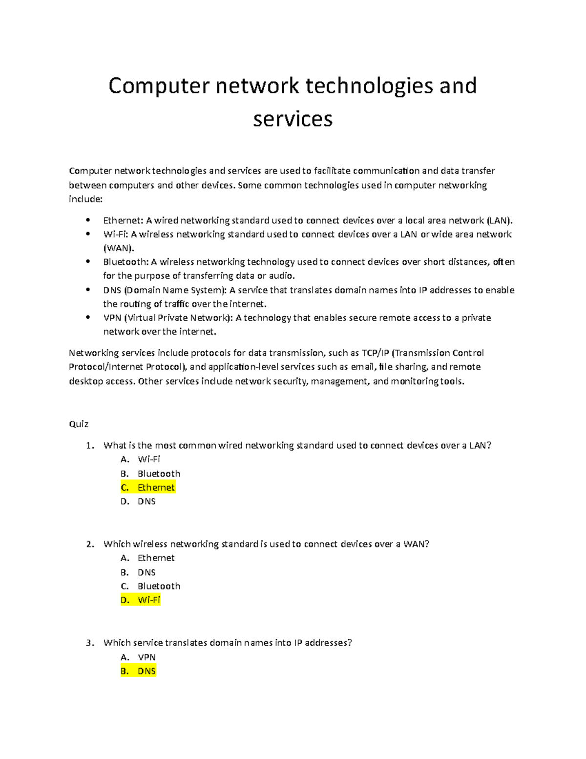 Computer network technologies and services Study Guide - Computer ...