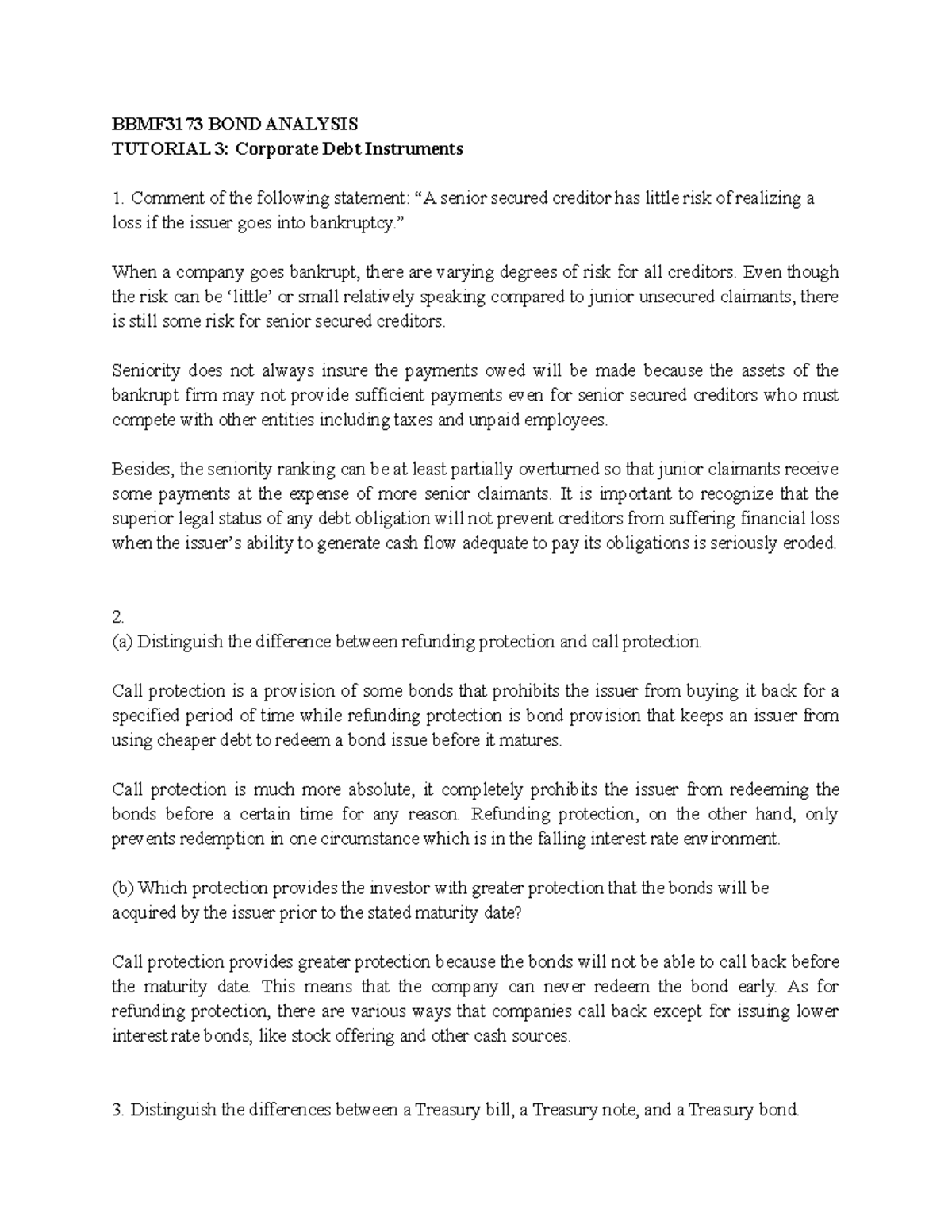 Bond T3 - tutorial 3 answer - BBMF3173 BOND ANALYSIS TUTORIAL 3: Corporate Debt Instruments ...