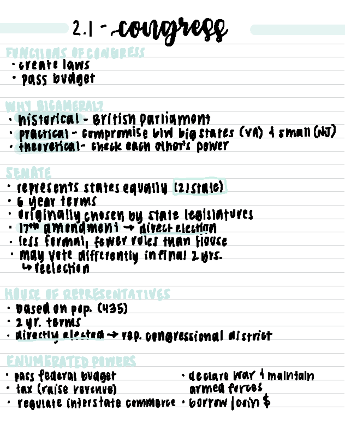 National Government Structure Notes - 1 - congress FUNCTIONS OF ...