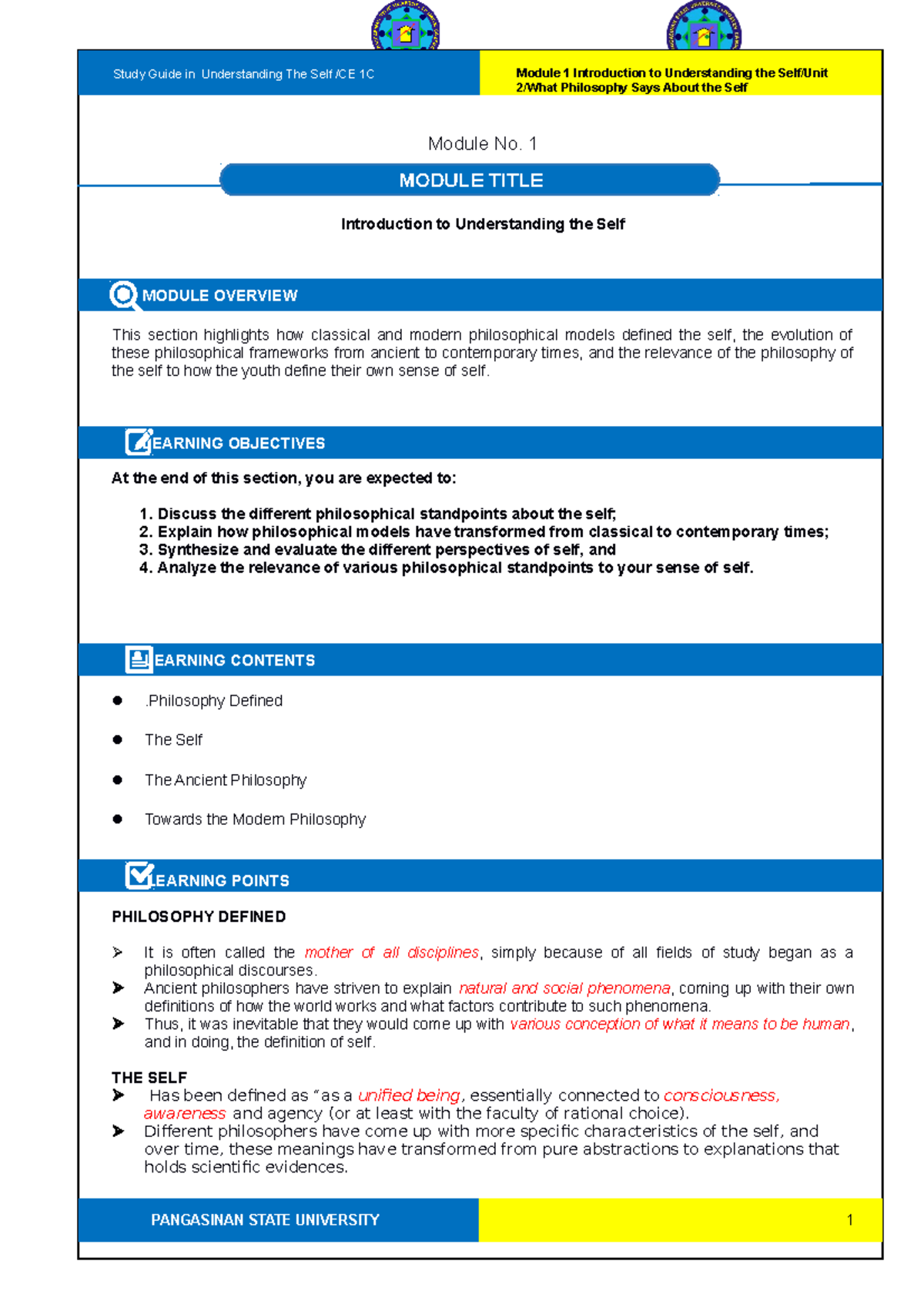 UTS1-Itroduction - UTS - Module No. 1 Introduction to Understanding the Self MODULE OVERVIEW ...